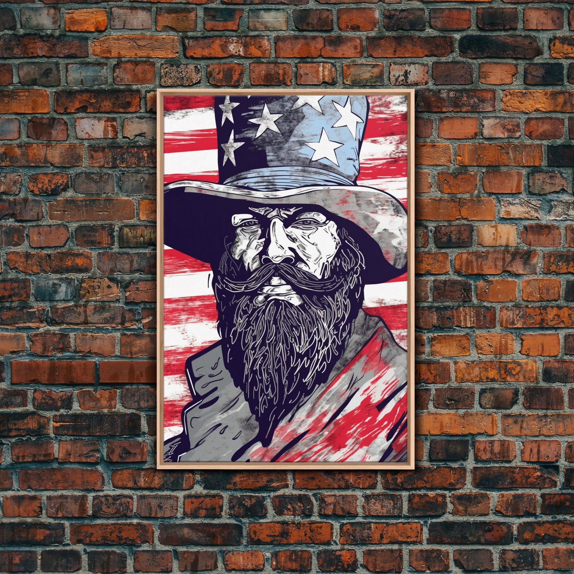 Wild West Uncle Sam Portrait, Patriotic Art, Framed Canvas Print, Star