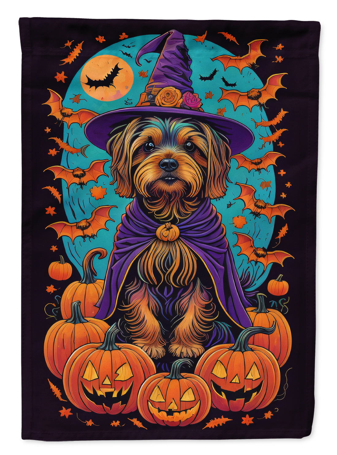 Silky Terrier Witchy Halloween Garden Flag – Witch Dog with Pumpkins,