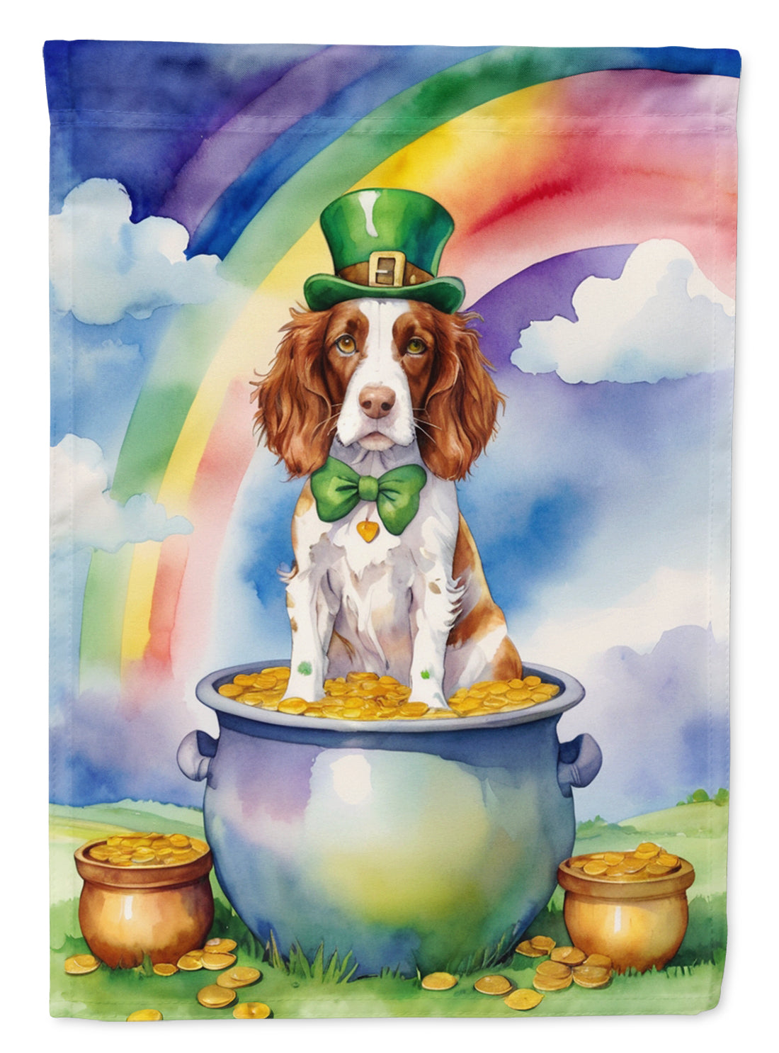 Welsh Springer Spaniel St. Patrick’s Day Garden Flag – Dog with Pot of