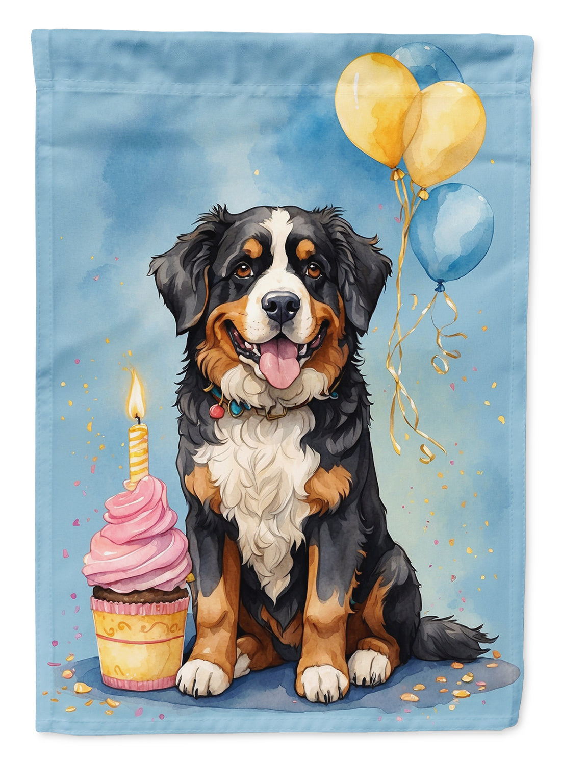 Bernese Mountain Dog Happy Birthday Garden Flag –Dog Birthday Cupcake