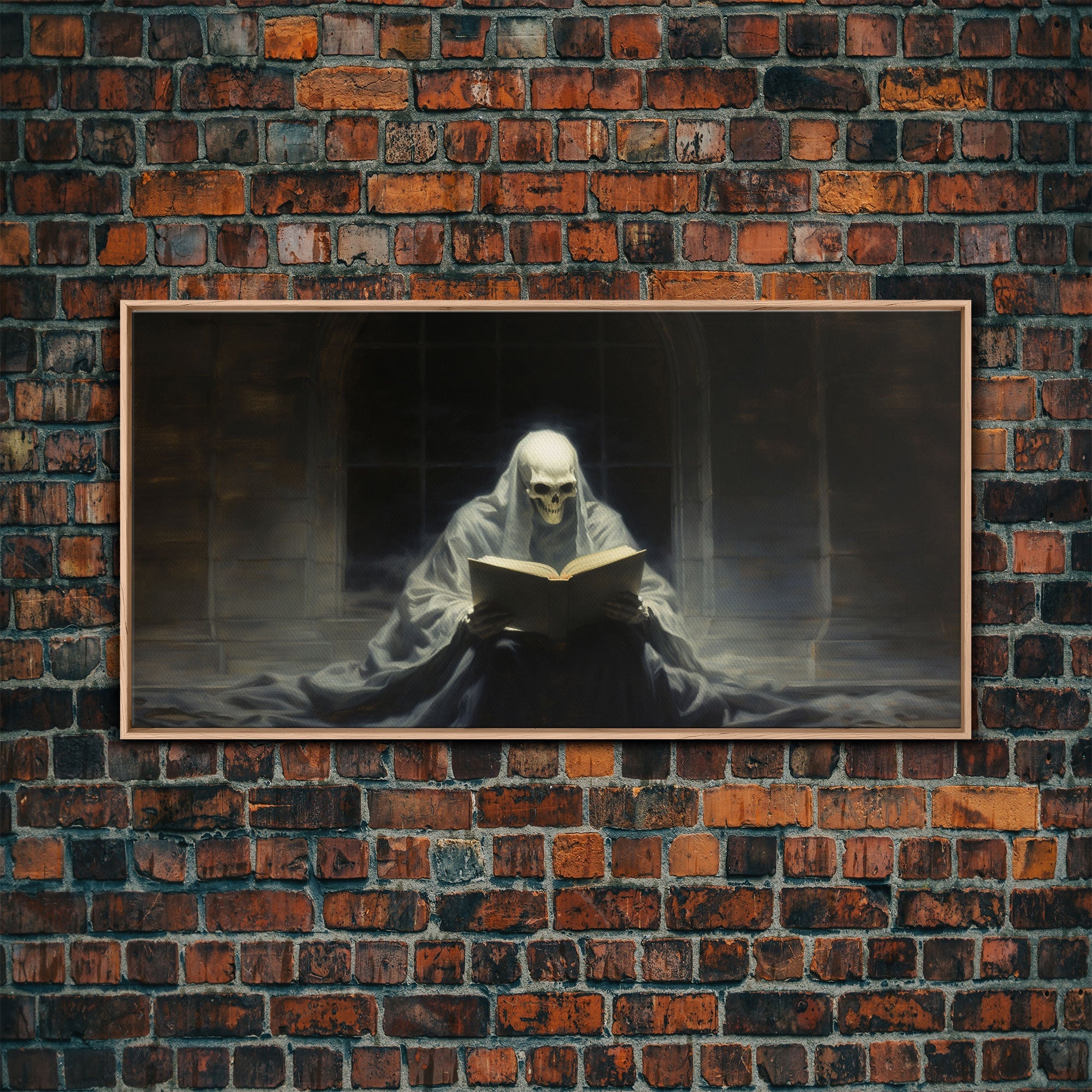 Grim Reaper Reading A Book In A Haunted Library, Framed Canvas Print,