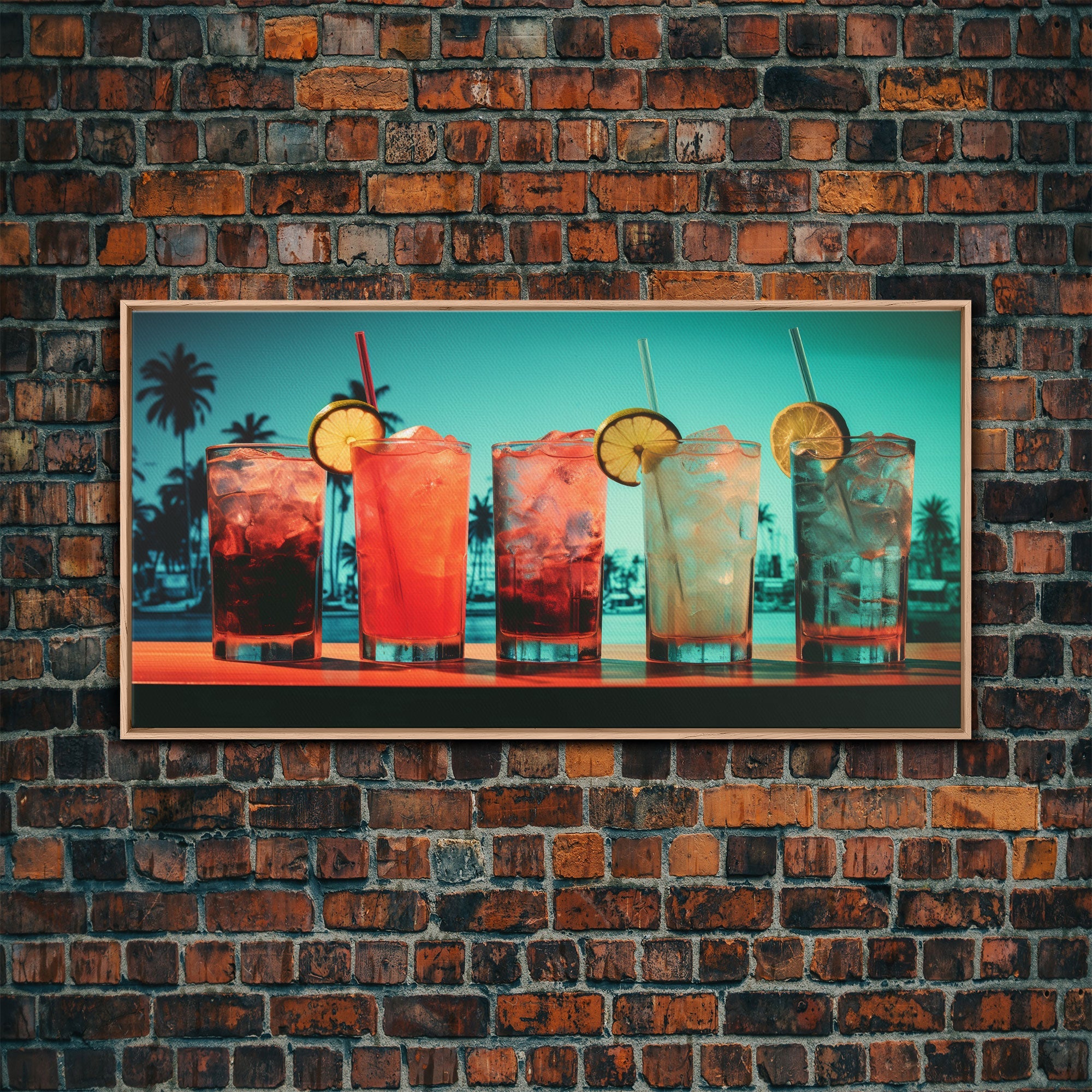 Vaporwave Cocktail Wall Art, Framed Canvas Print, Bar Decor, Basement