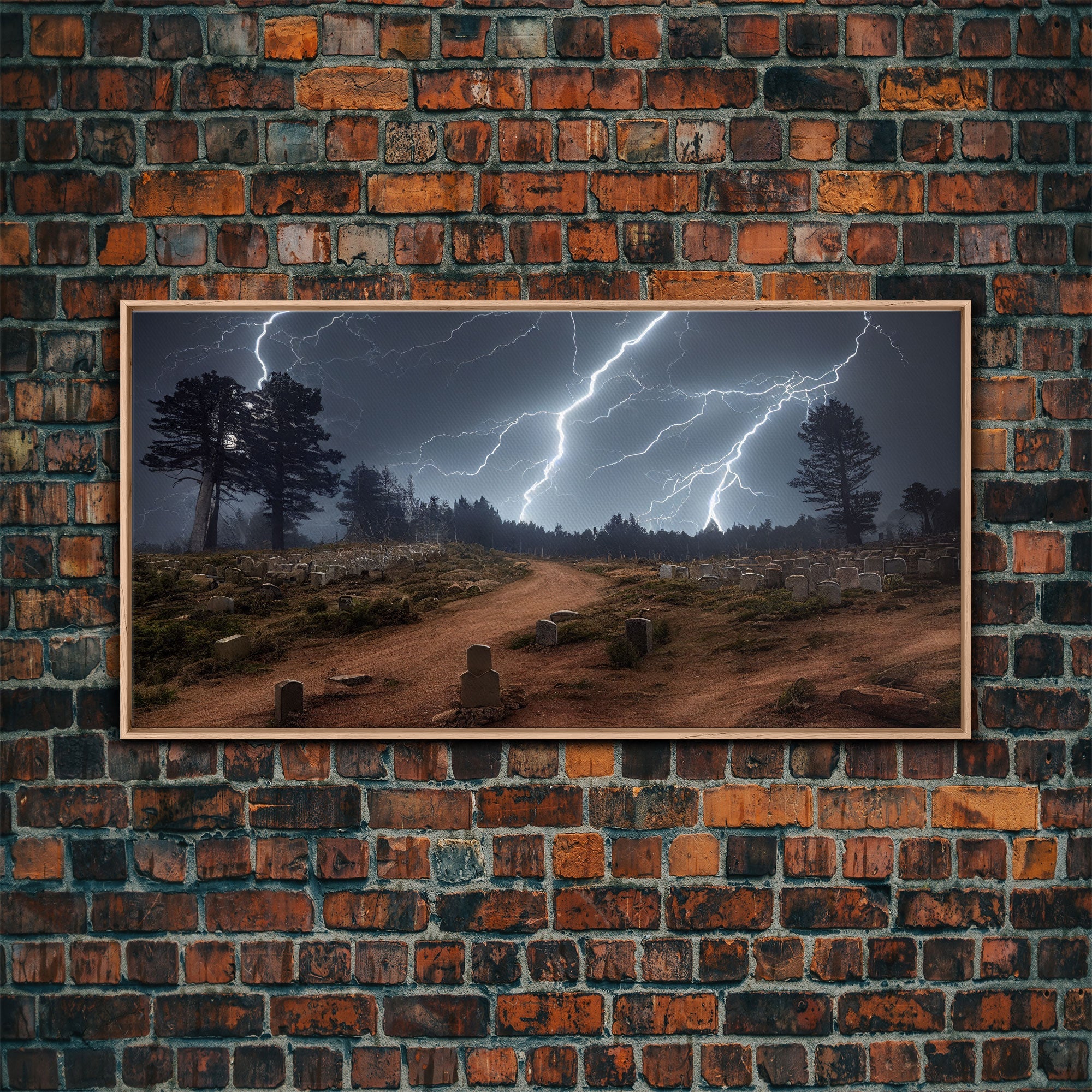 Gloomy Haunted Graveyard At Night, Lightning Storm, Halloween Cemetery