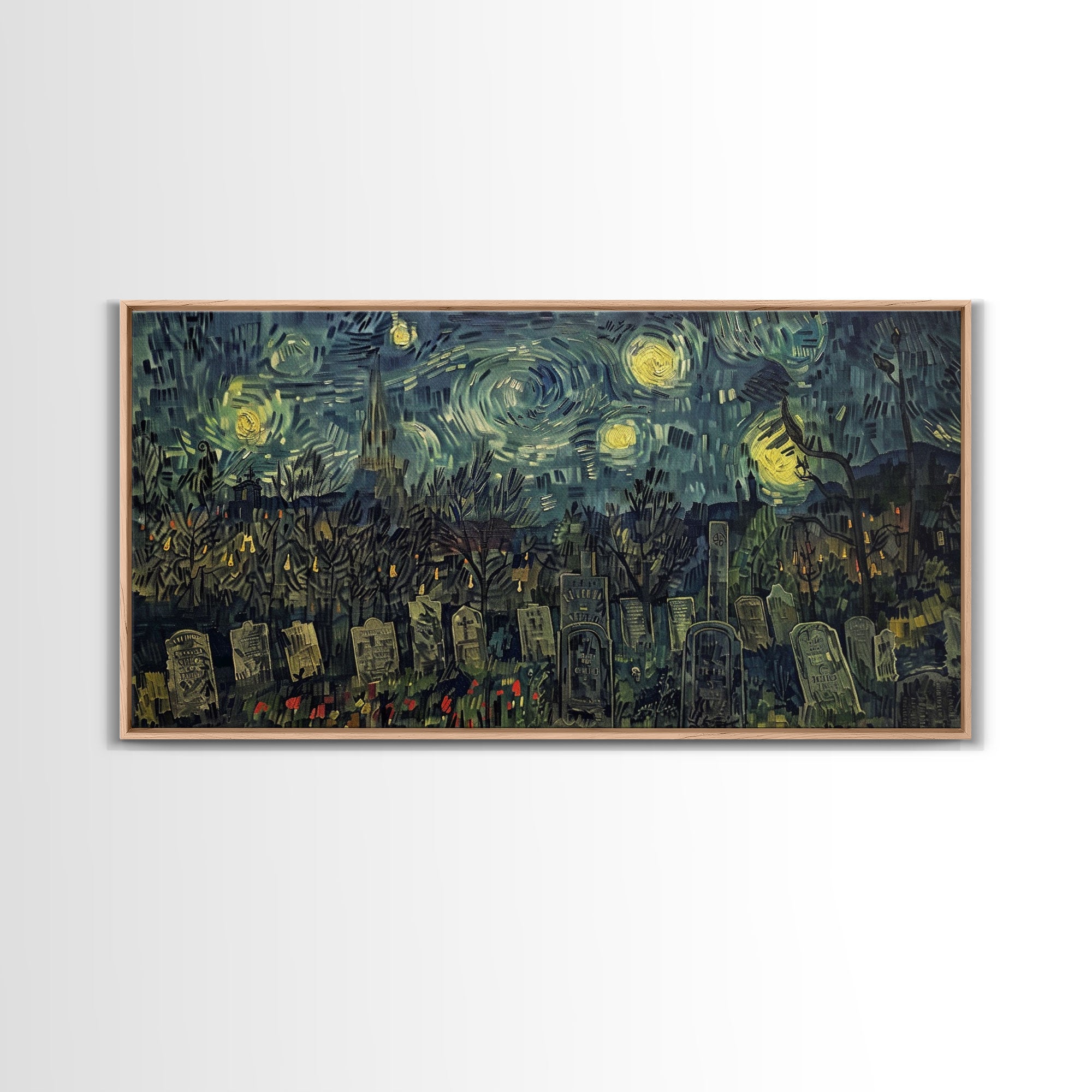 Starry Night Inspired Haunted Cemetery, Framed Canvas Print, Spooky Se