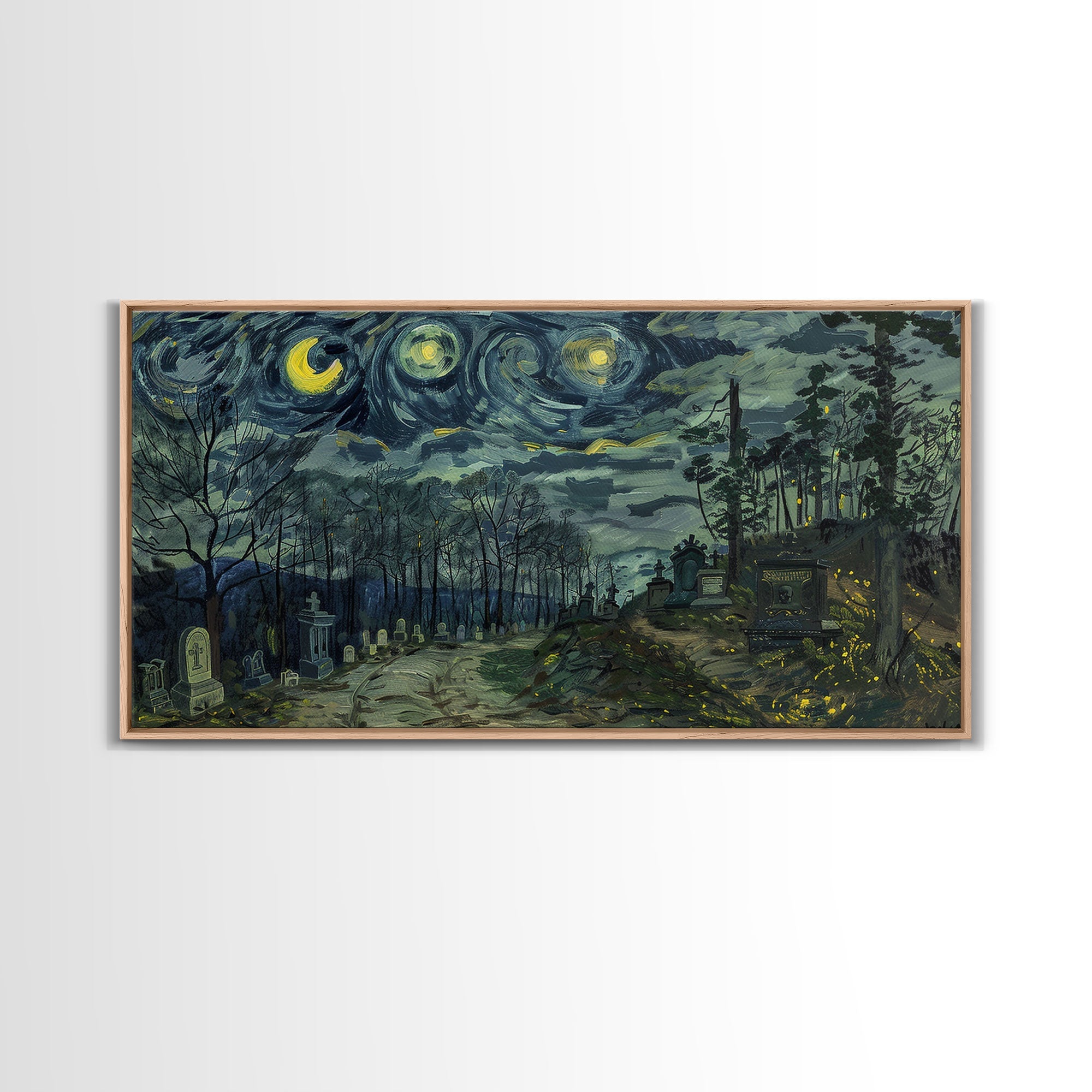 Haunted Graveyard Framed Canvas Print, Starry Night Van Gogh Inspired