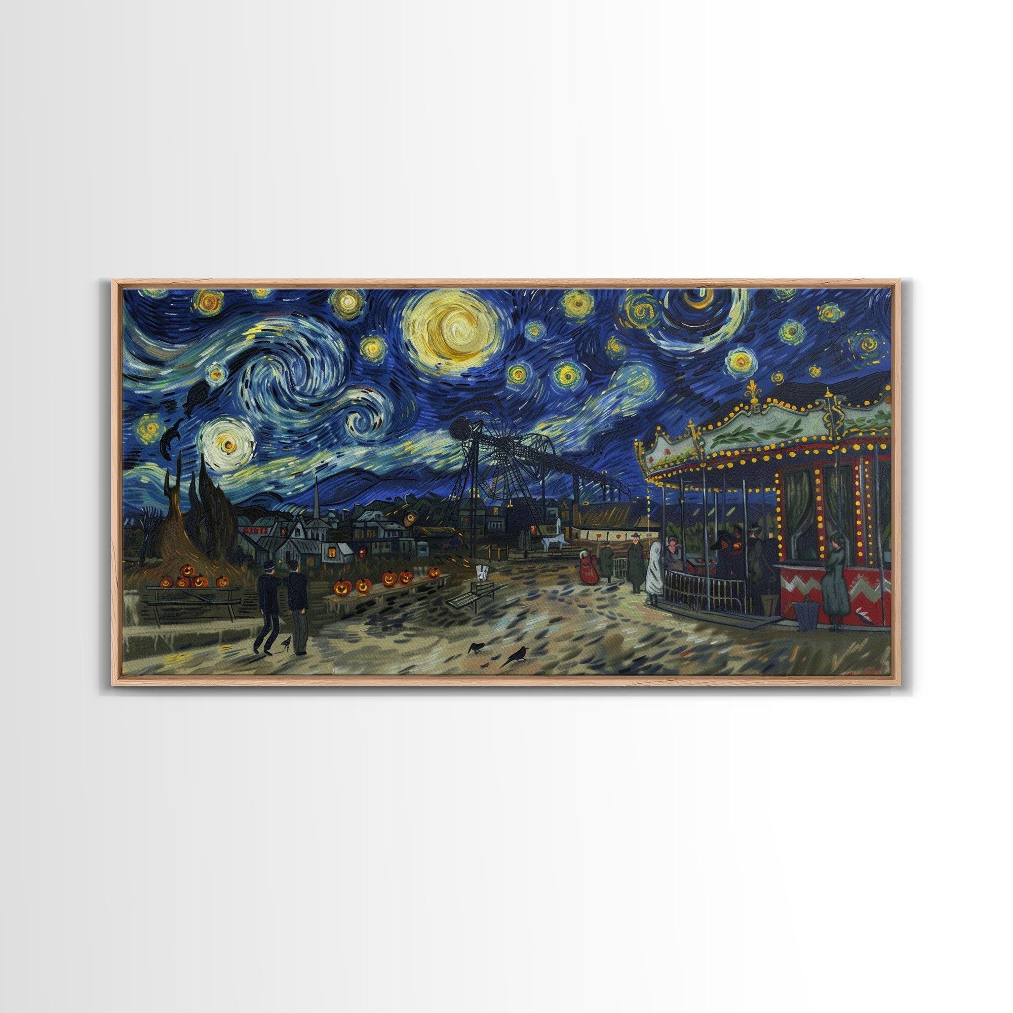Spooky Haunted Carnival, Framed Canvas Print, Starry Night Inspired Sp