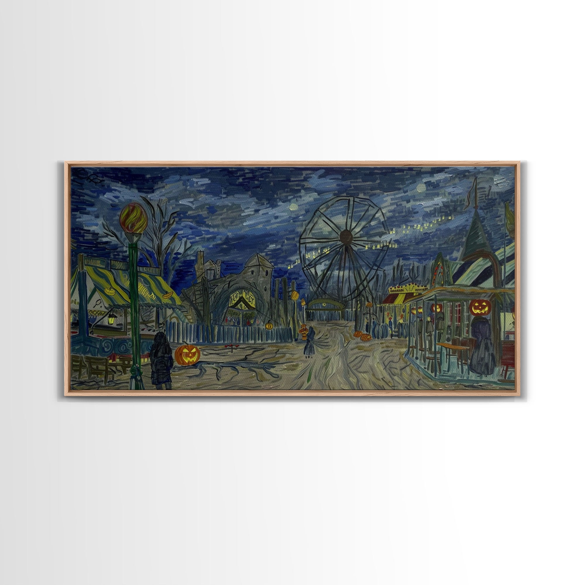 Spooky Haunted Carnival, Framed Canvas Print, Starry Night Inspired Sp