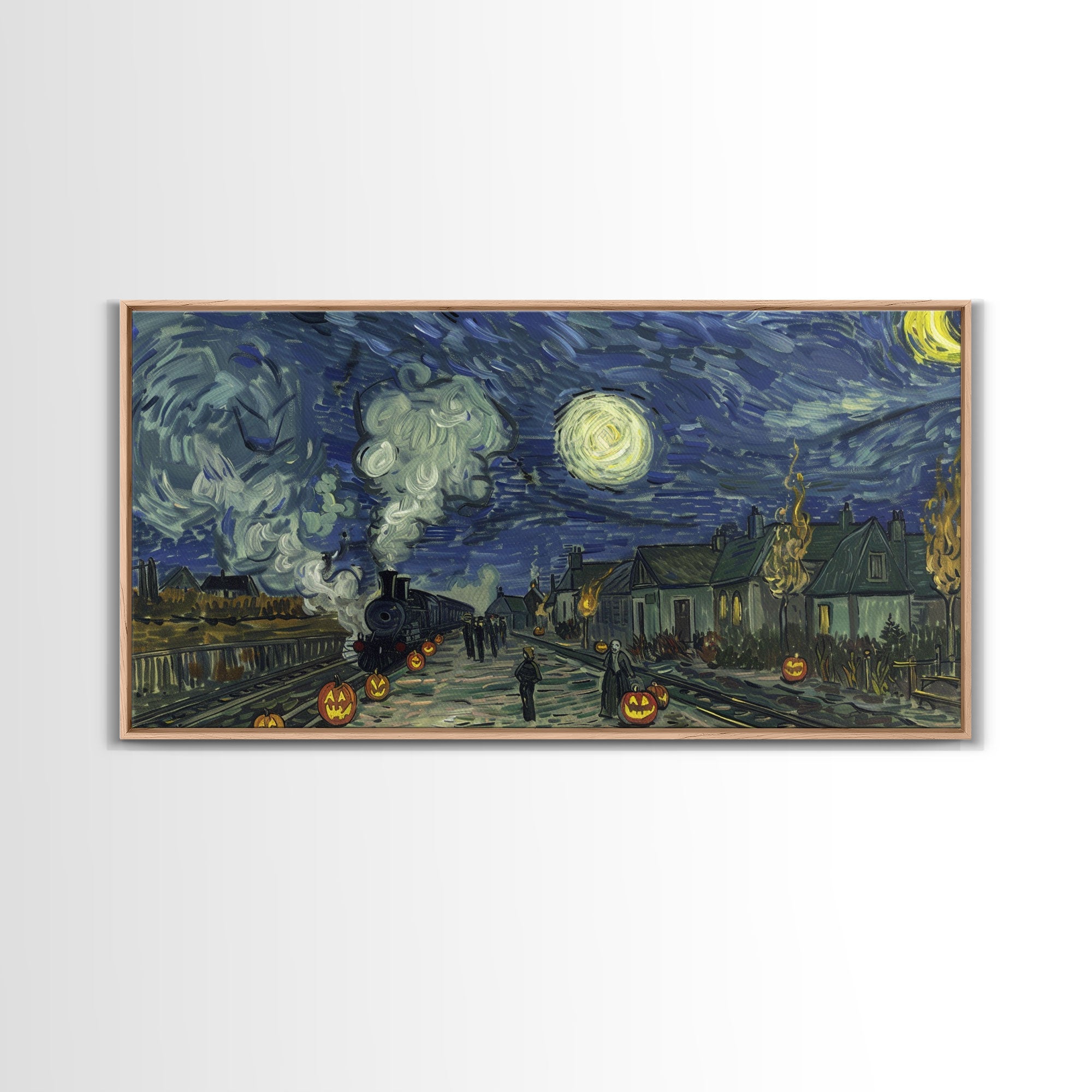 Starry Night Inspired Haunted Steam Train, Framed Canvas Print, Spooky