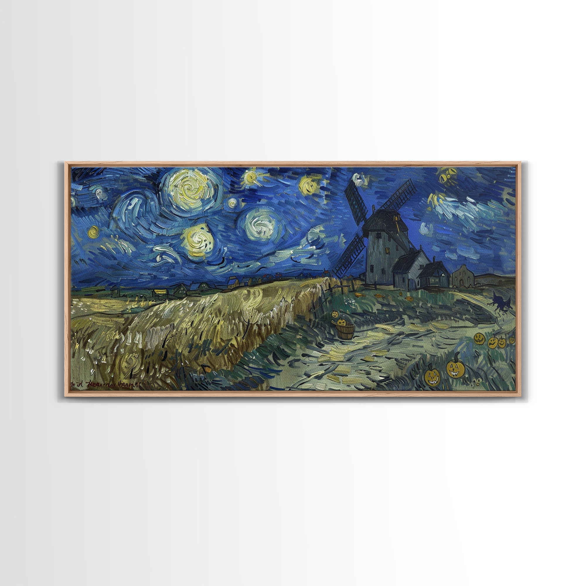 Starry Night Inspired Haunted Wind Mill, Framed Canvas Print, Spooky H