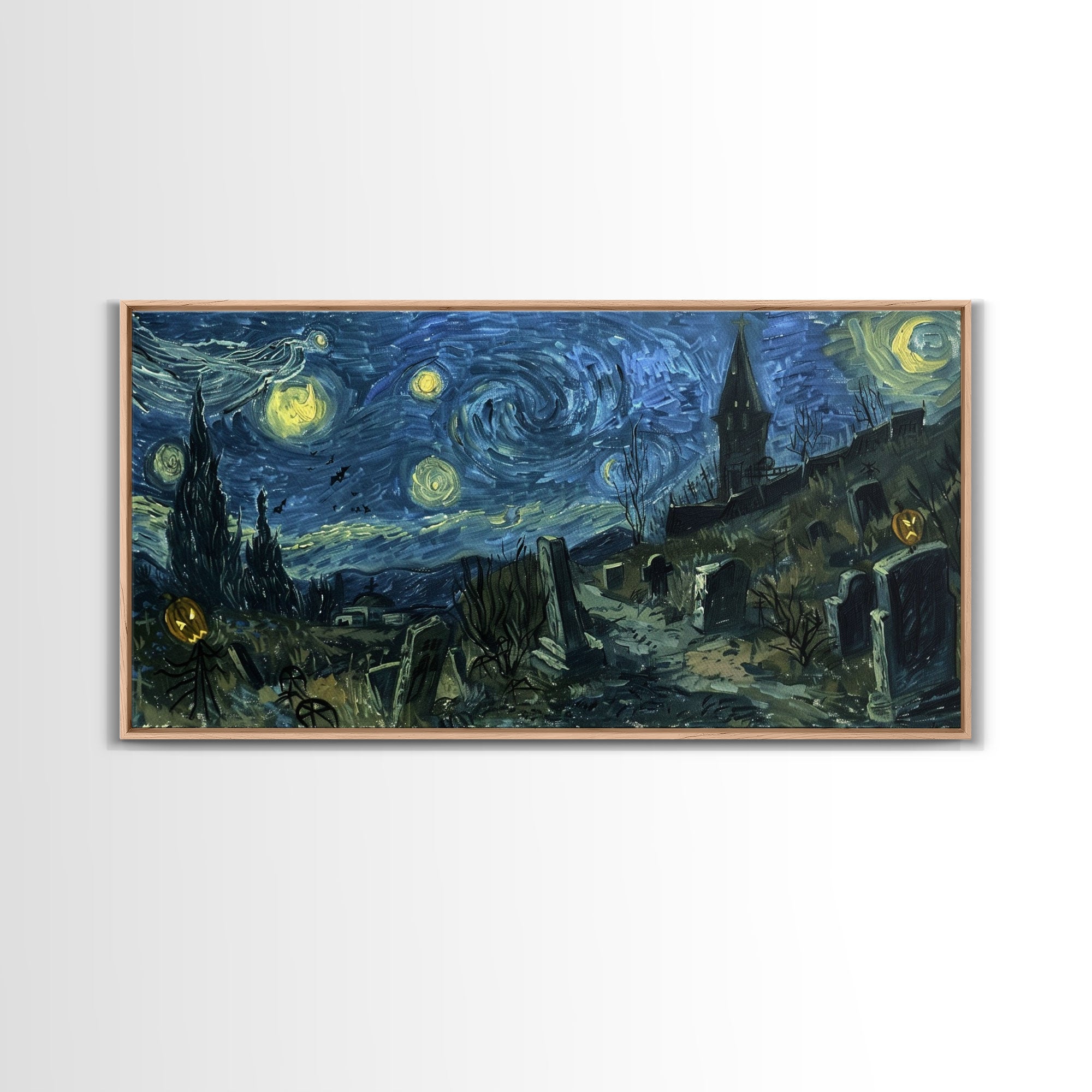 Starry Night Inspired Haunted Cemetery Framed Canvas Print, Halloween