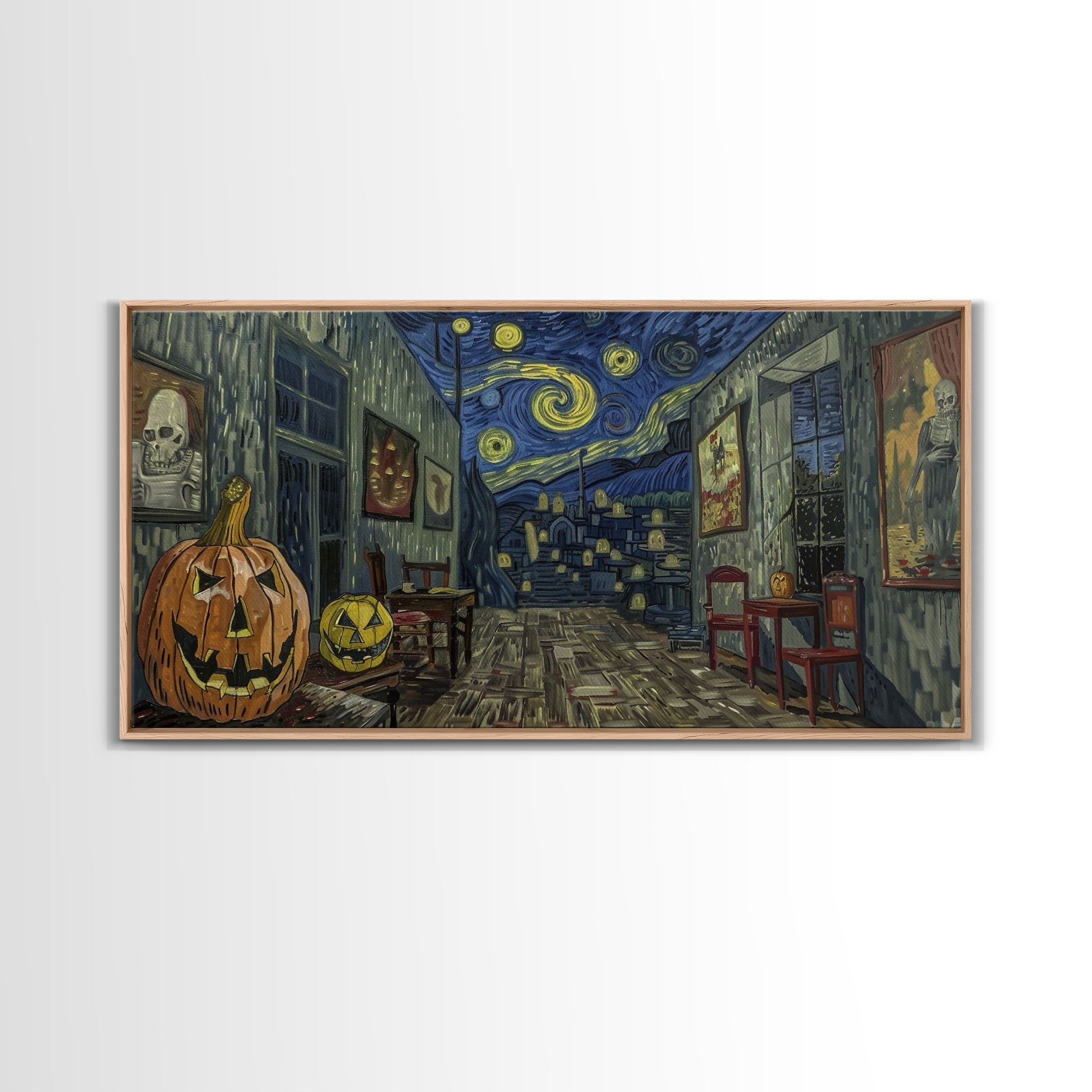 Starry Night Inspired Halloween Decor, Framed Canvas Print, Haunted Gr