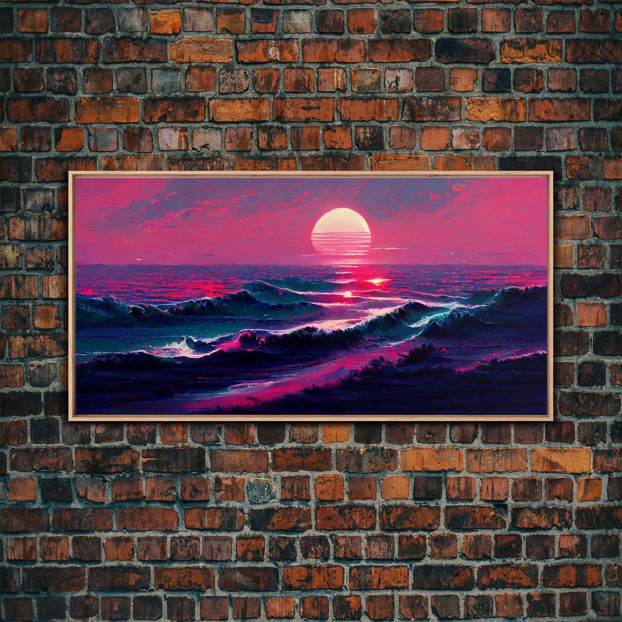 Synth wave sunset, ocean painting canvas print, outrun style, sun set