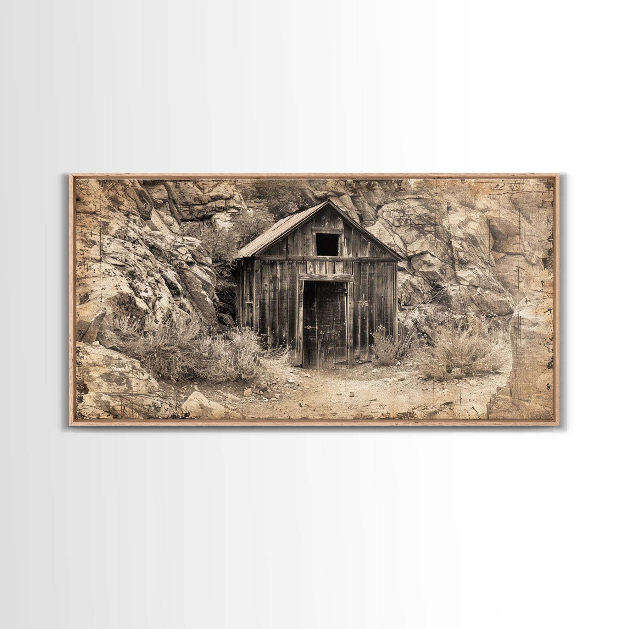 Old Wooden Shack in Rocky Terrain, Farmhouse Style Framed Canvas Print