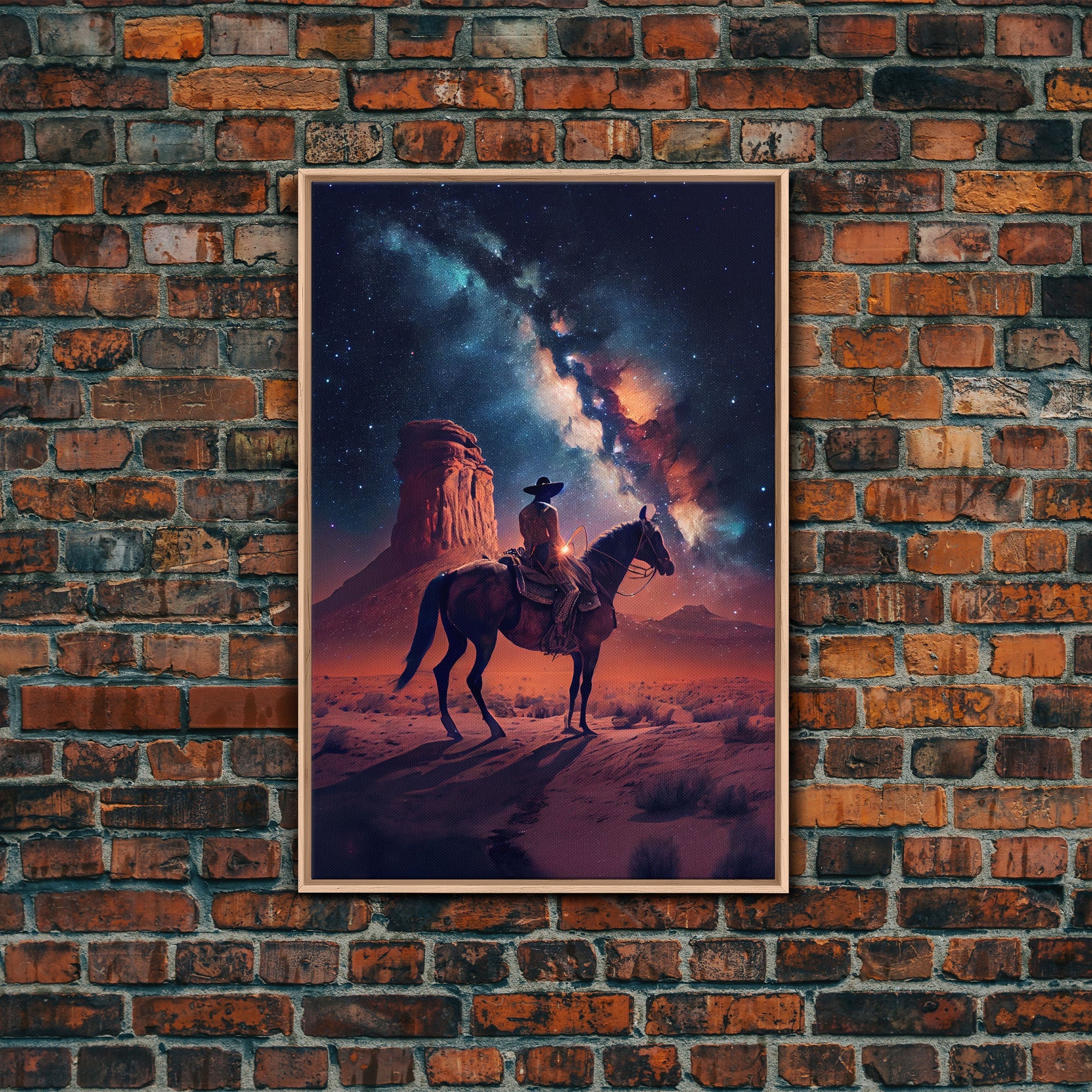 Cowboy contemplating the stars, framed canvas print, wild west art, we