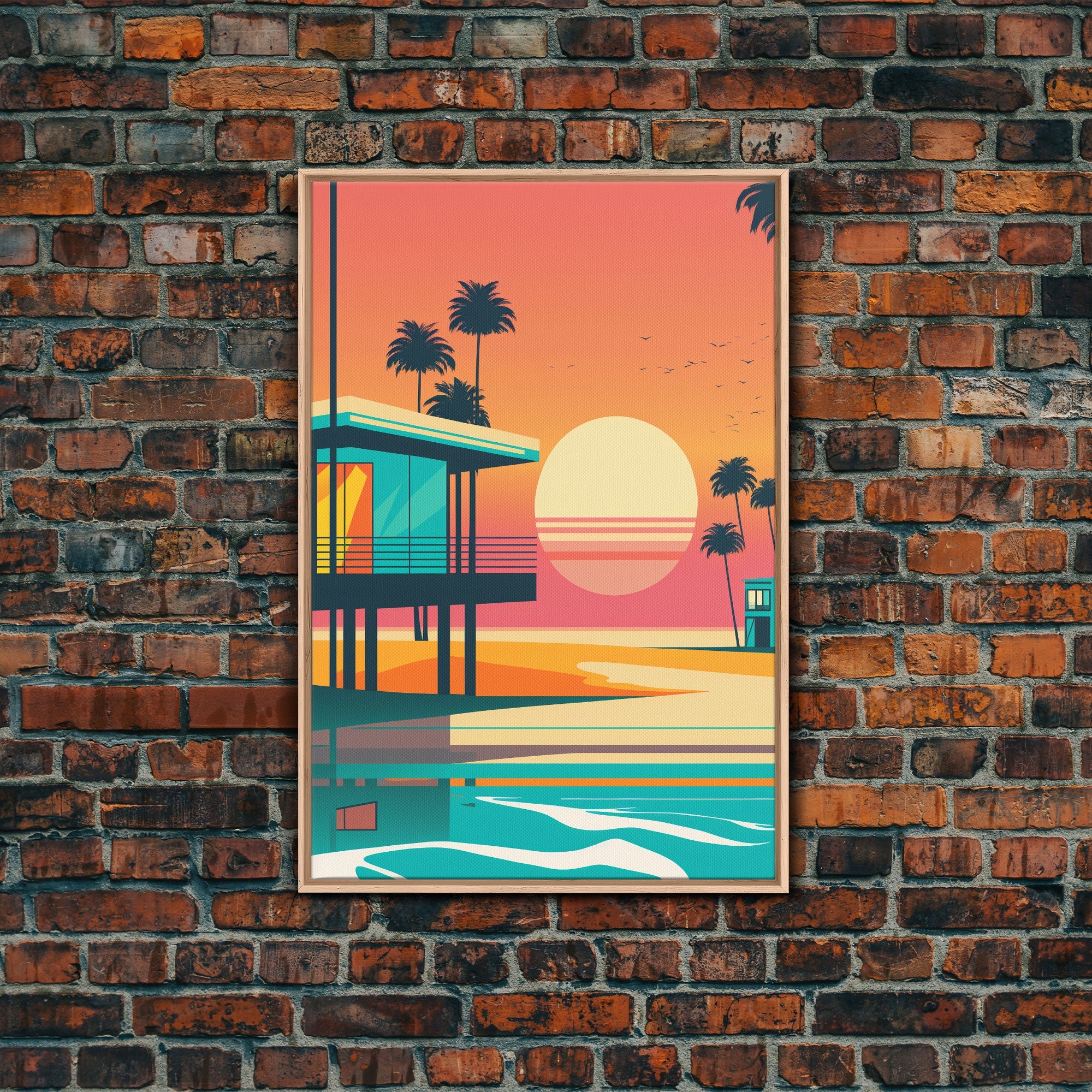 Art Deco Sunset Beach Canvas Print, Minimalist Retro Palmtree Vibe, Va