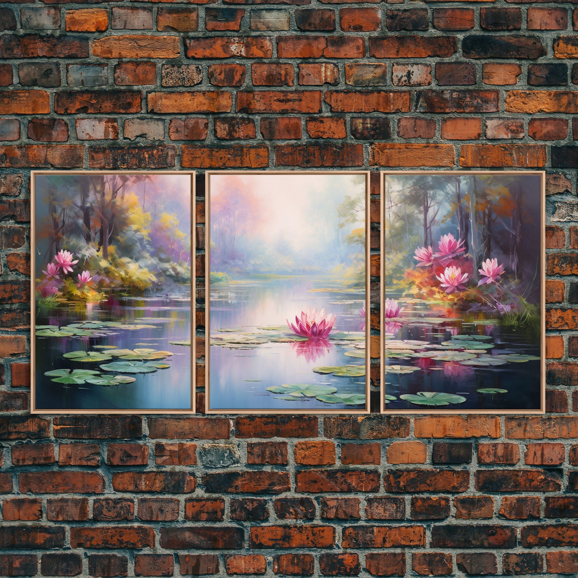 The Lilly Pads, Framed Canvas Prints, 3 Piece Art, Beautiful Pond Pain