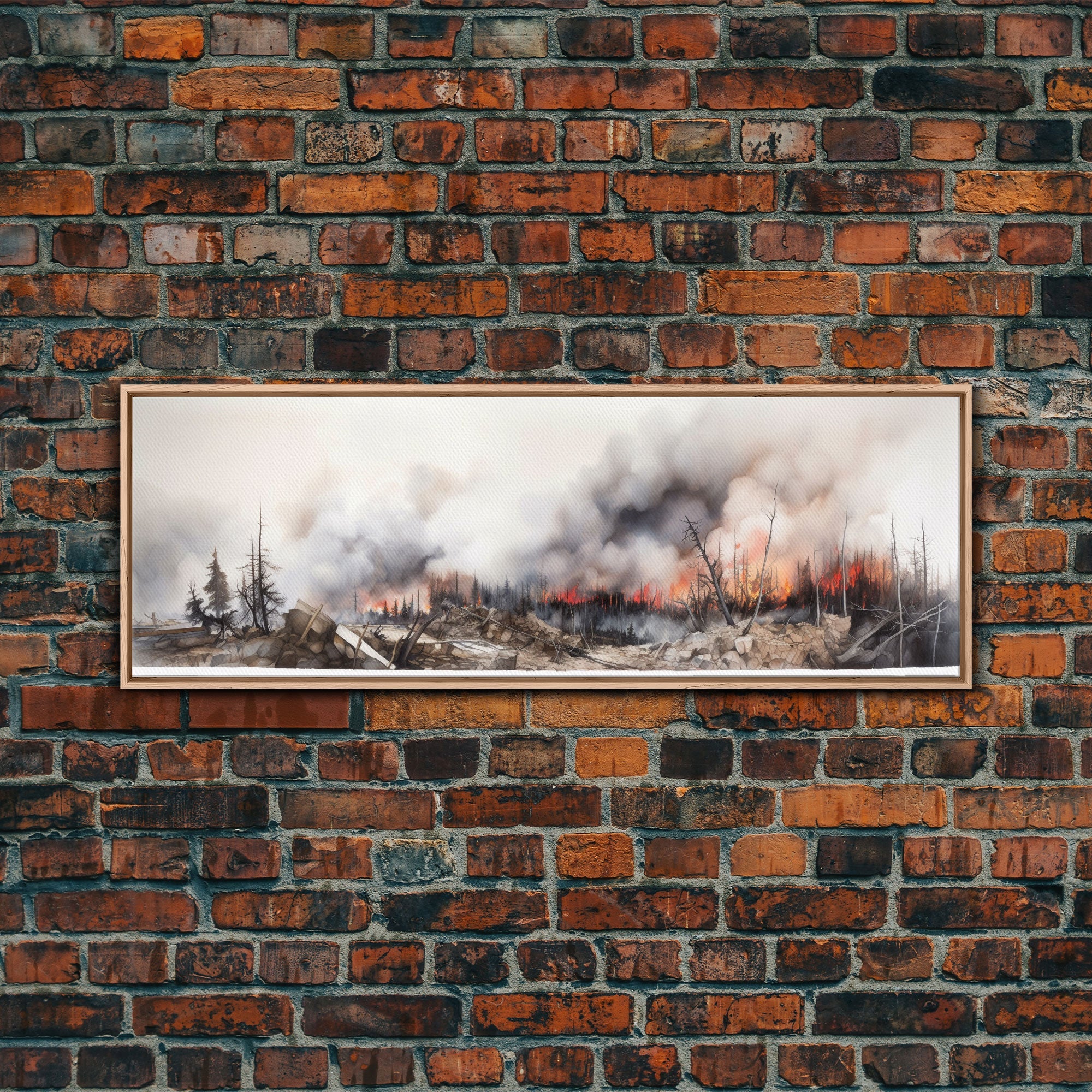 Forest On Fire Canvas Art Print, Flames, Smoke, Pine Trees, Colored Pe
