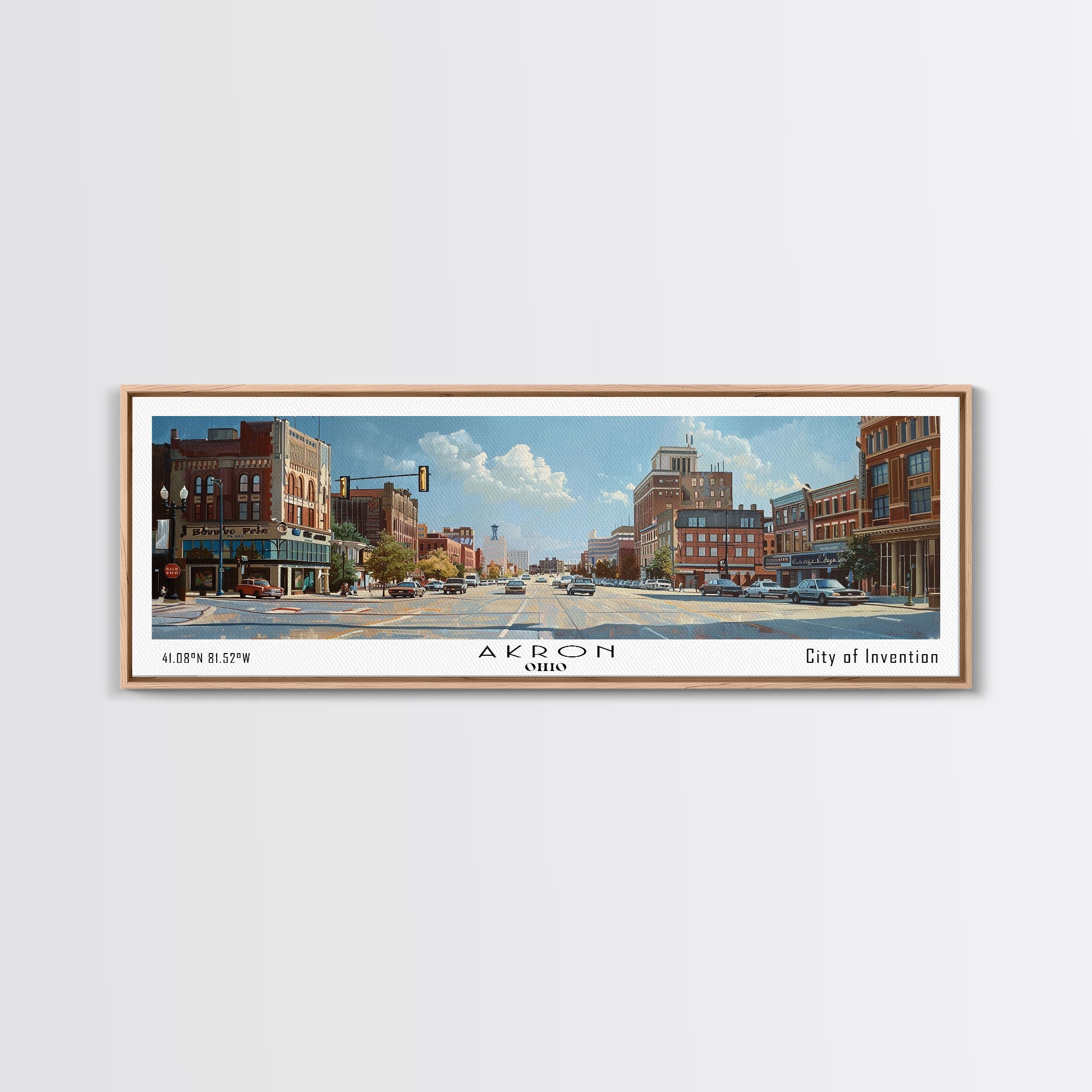 Akron Ohio Panoramic Painting, Watercolor Framed Canvas Print, Scenic