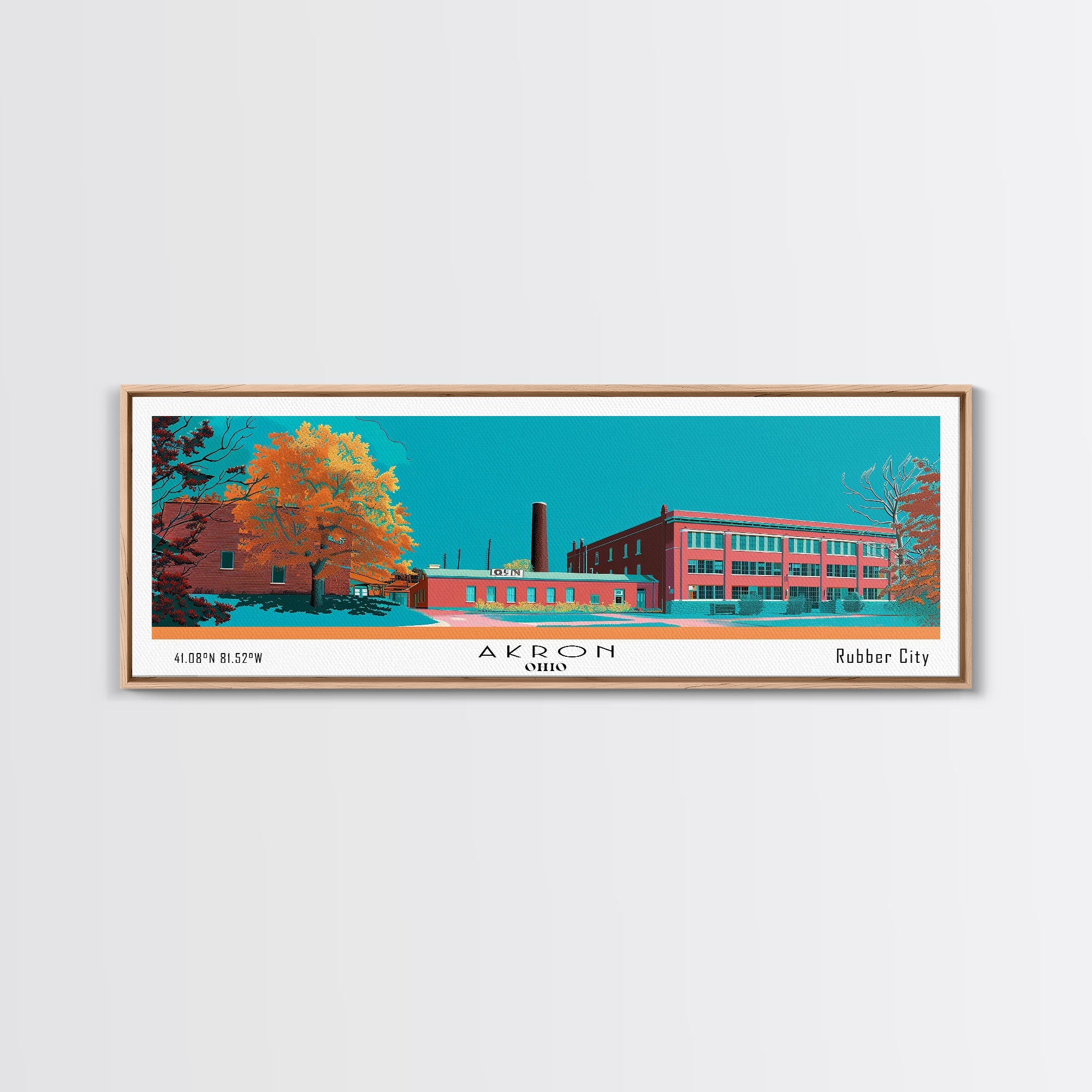 Akron Ohio Panoramic Painting, Mid Century Modern Framed Canvas Print,