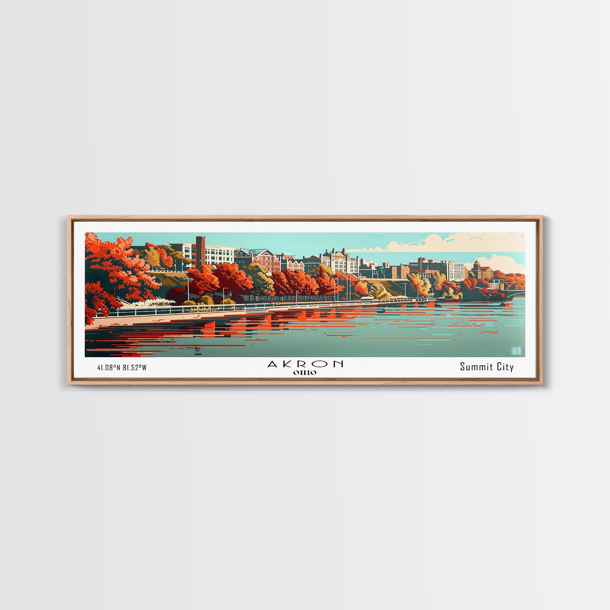 Akron Ohio Panoramic Painting, Framed Canvas Print, Mid Century Modern