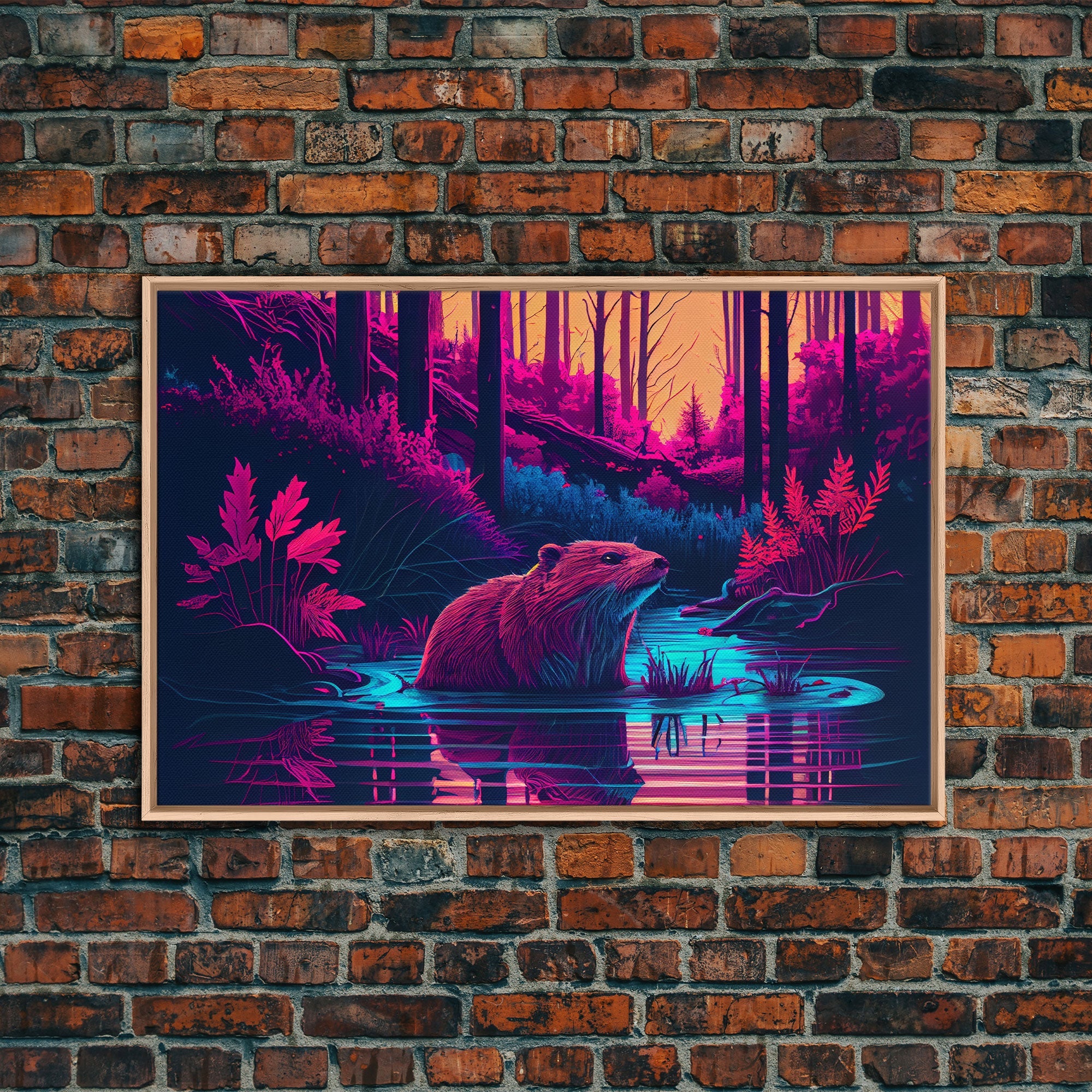 Cute beaver in a river, pink vaporwave art, animal prints, framed canv