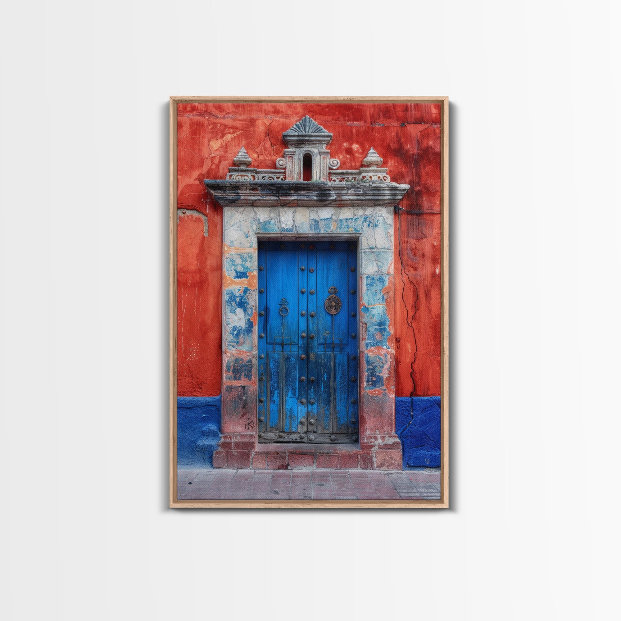 Tall Art Framed Canvas Print Of Mexican Style Blue Door And Red Walls