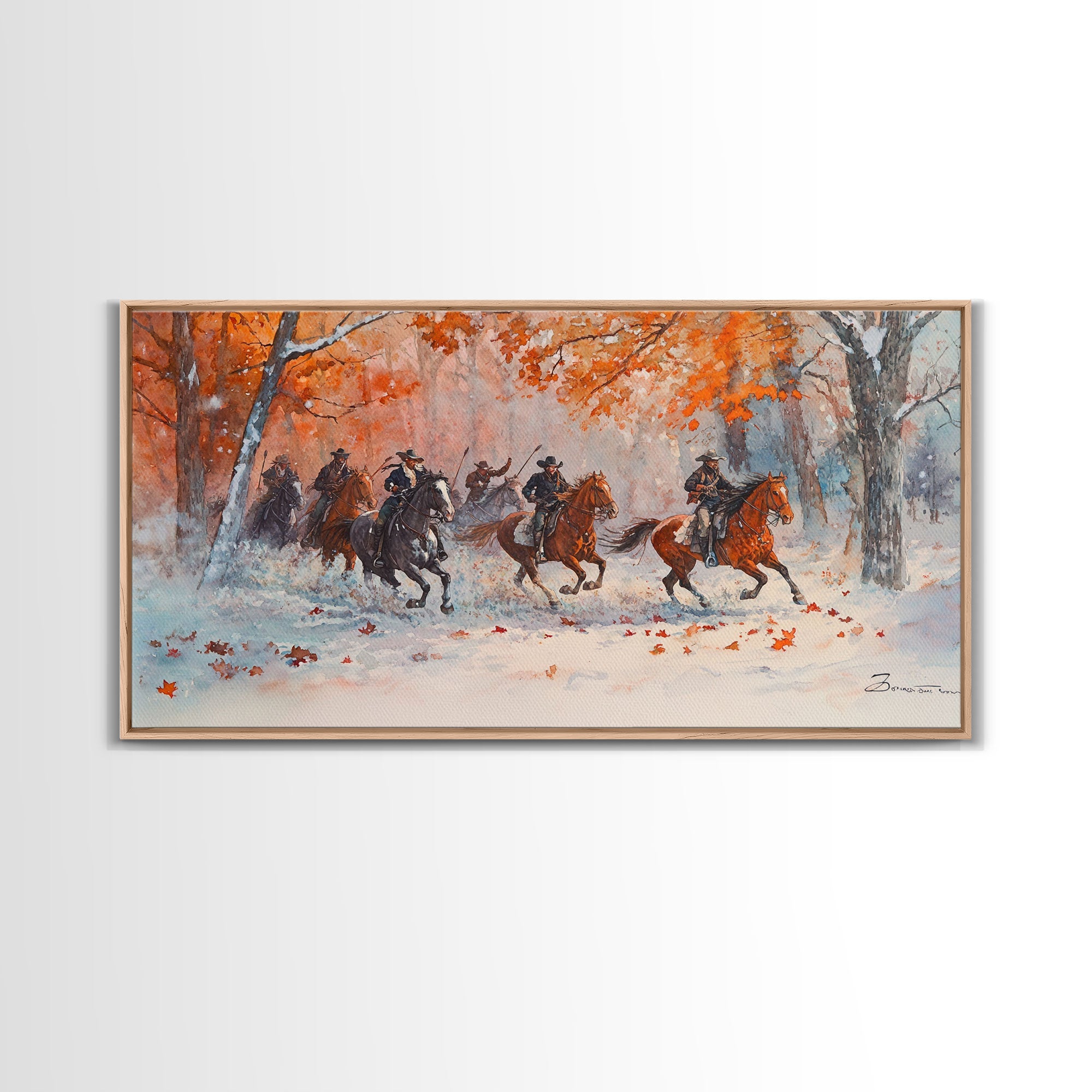 Framed Canvas Print Fall Forest Cowboys in Vibrant Autumn Colors, Perf