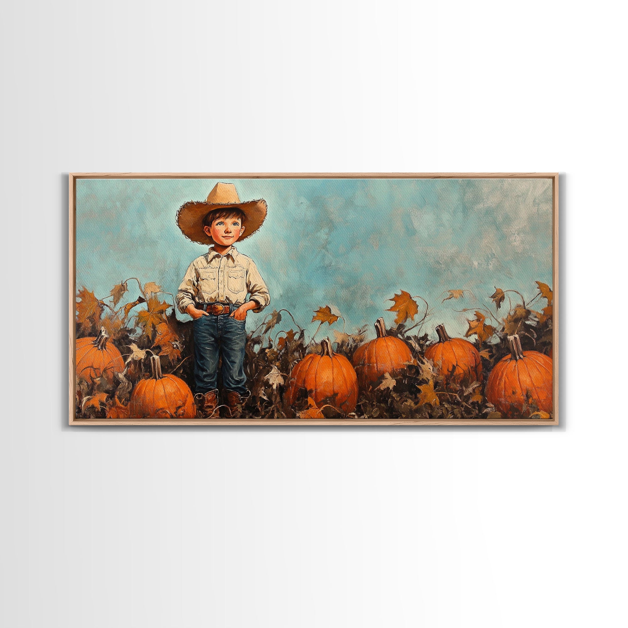 Cowboy Boy with Pumpkins Framed Canvas Print, Fall Wall Art, Rustic Fa