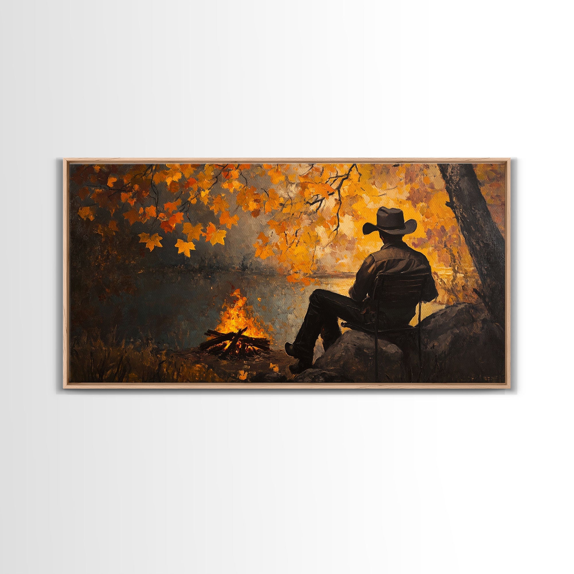 Cozy autumnal Framed Canvas Print featuring a woman with a mug, surrou