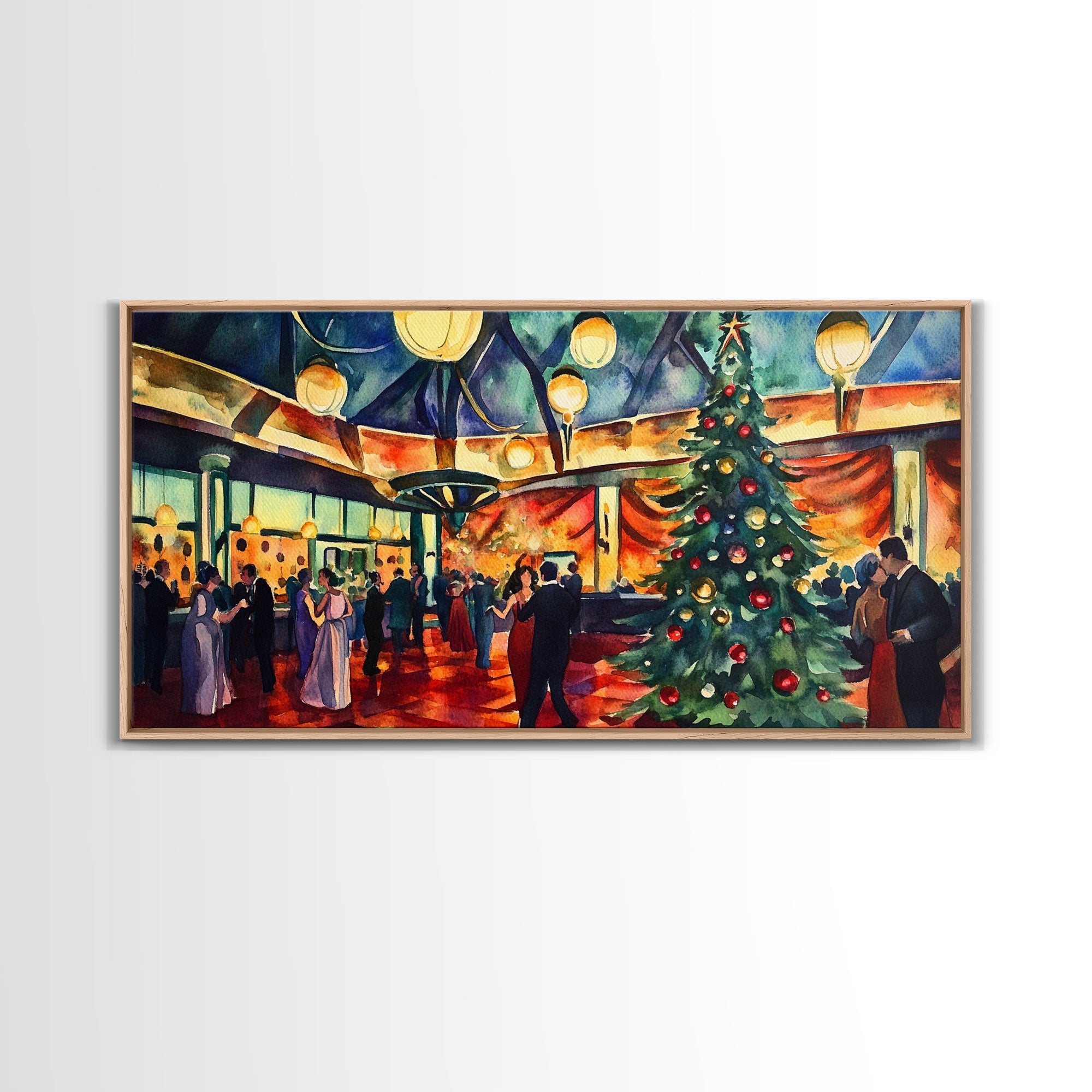 Elegant ballroom Christmas tree with dancing couples, framed canvas pr