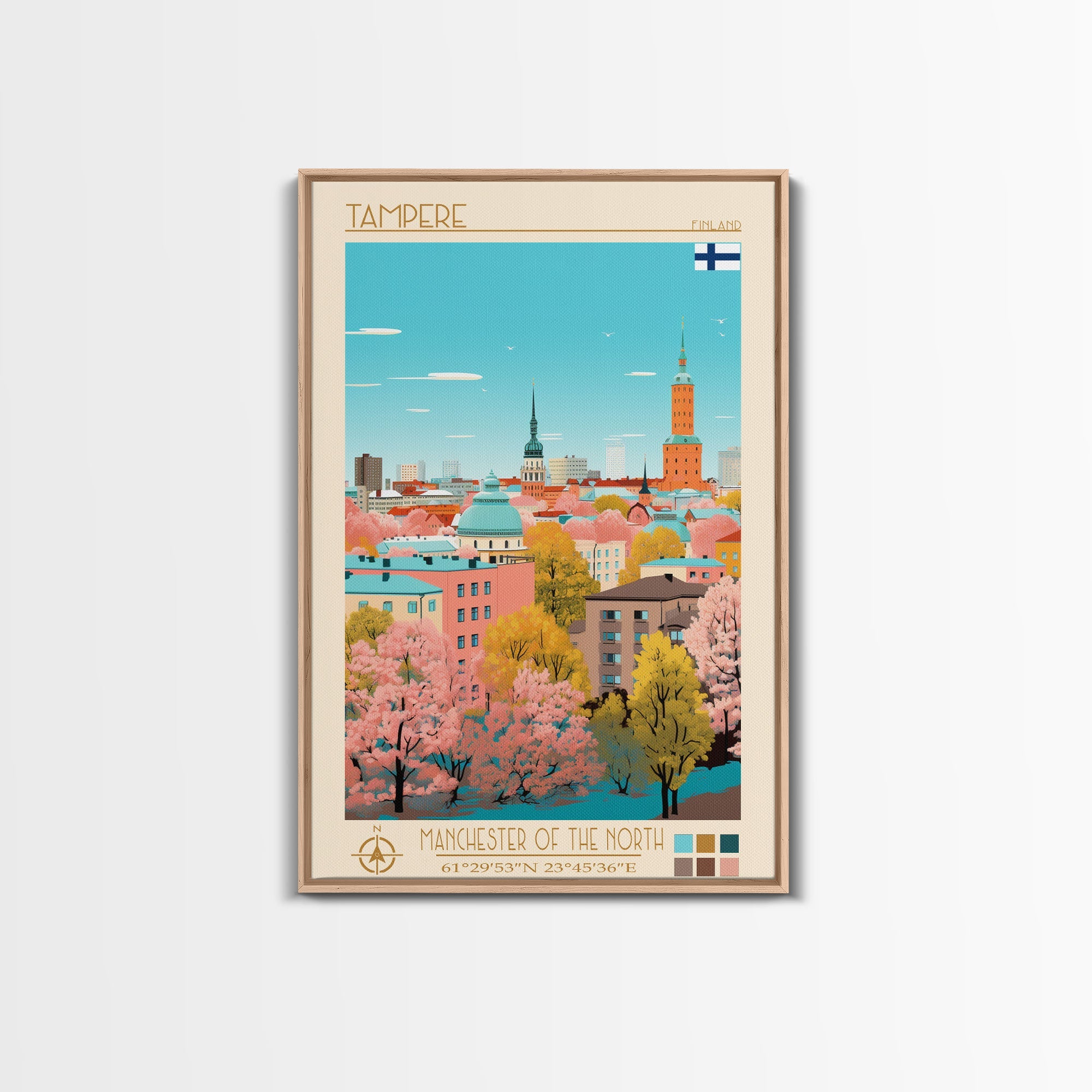 Tampere Finland Travel Poster Framed Canvas Print, Midcentury Modern A