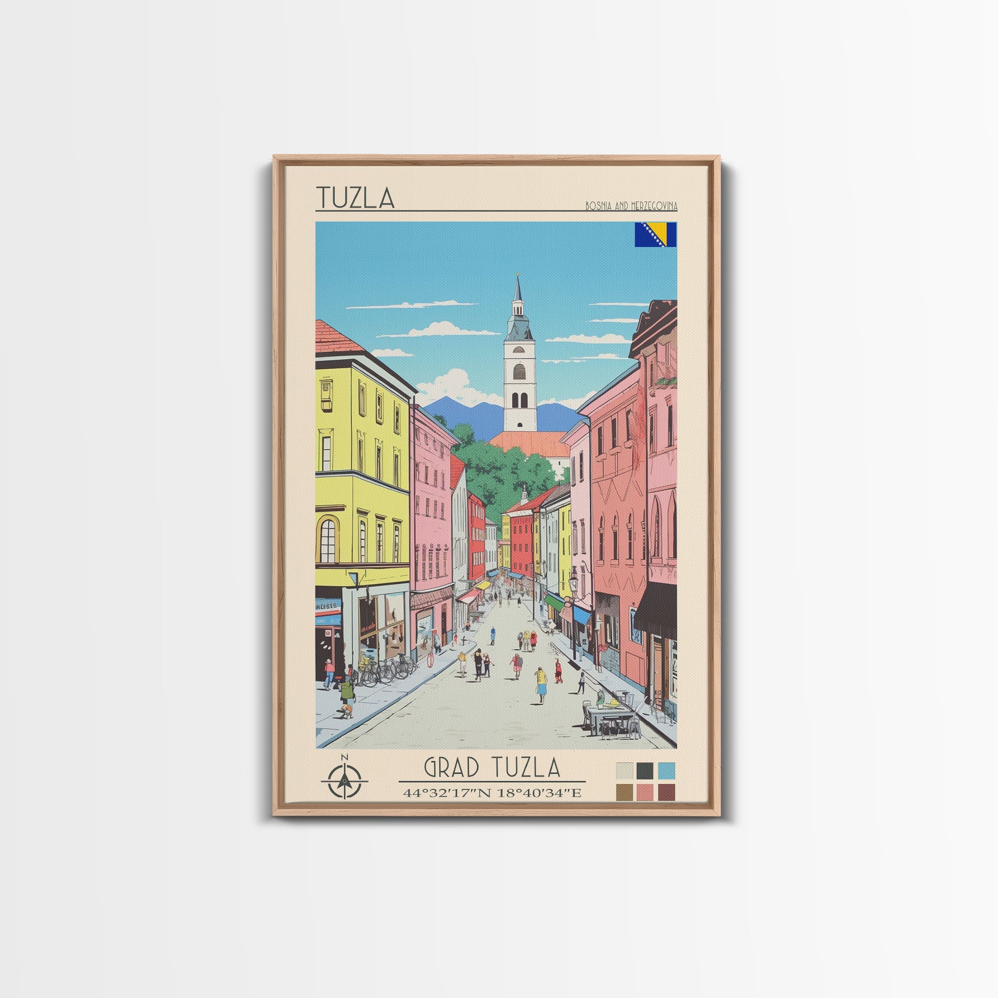 Tuzla Bosnia Travel Poster Framed Canvas Print, Midcentury Modern Art,