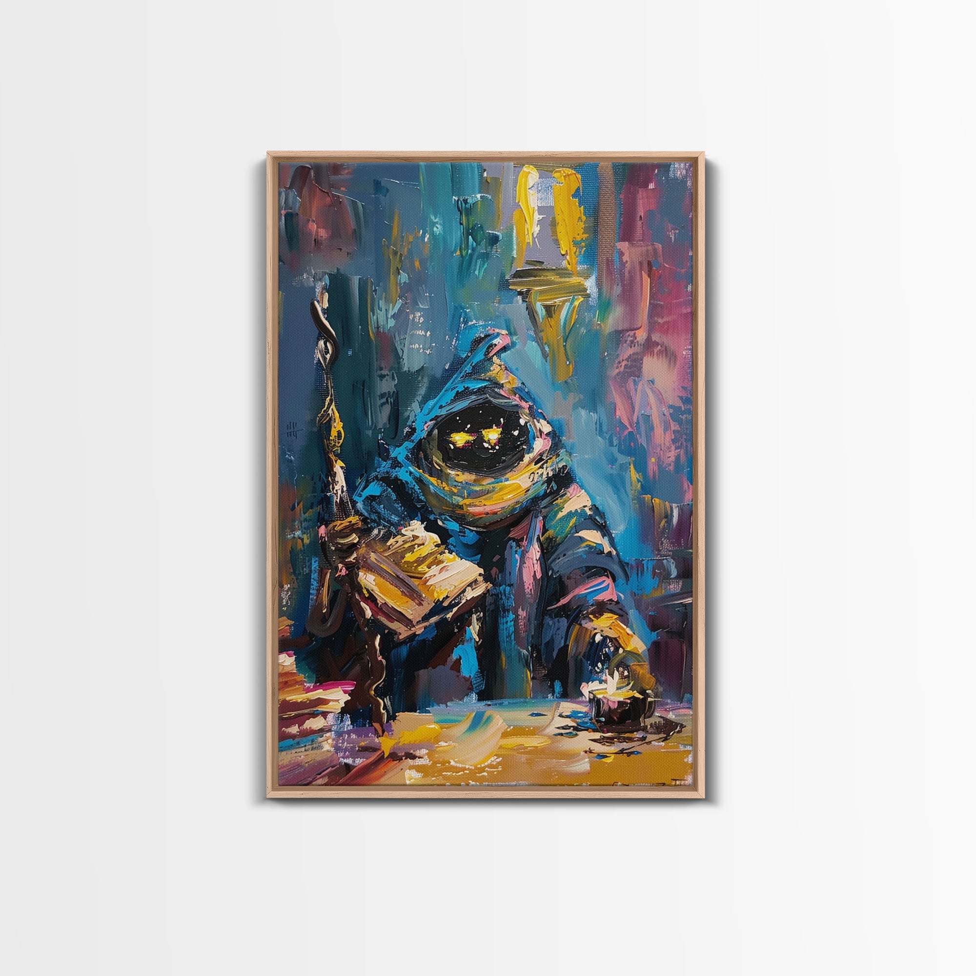 Halloween Creepy Wizard Reading Spells Framed Canvas Print, Spooky Wal