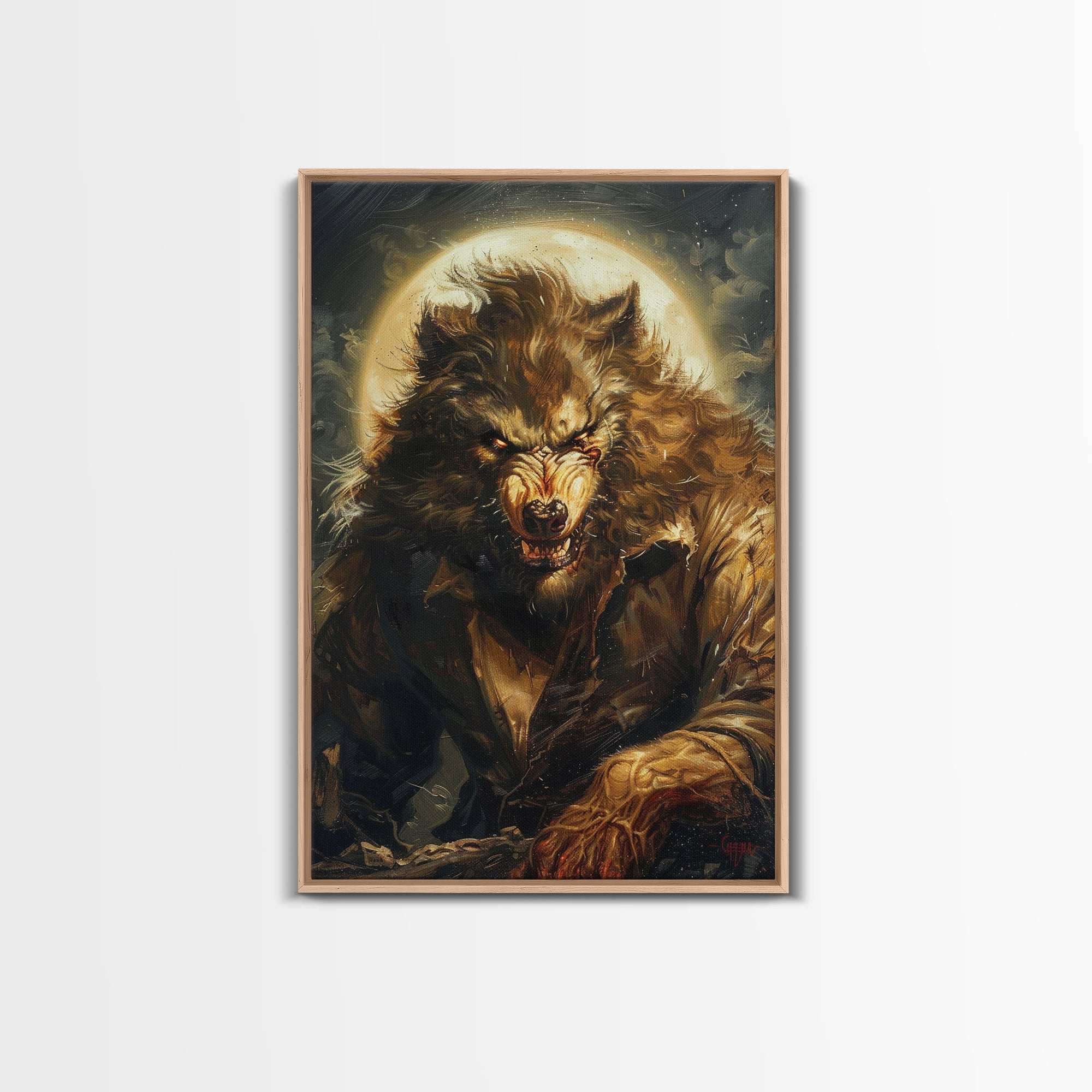 Ferocious Werewolf Under Full Moon Framed Canvas Print | Halloween Mon