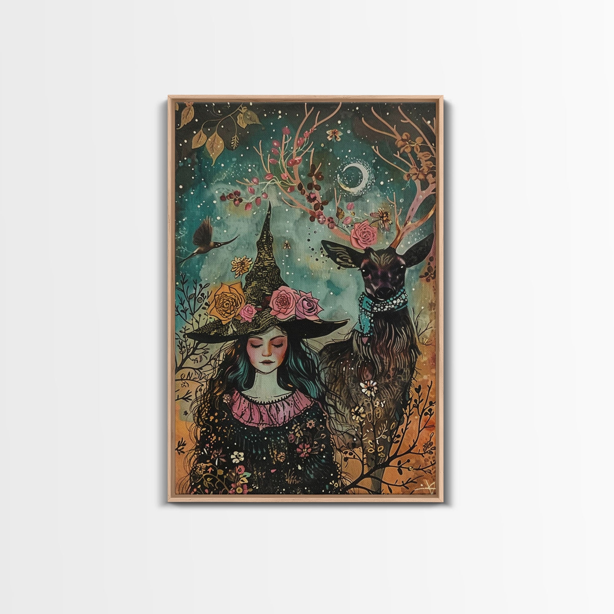 Elegant Witch with Tortoise - Halloween Art, Gothic Art, Spooky Decor,