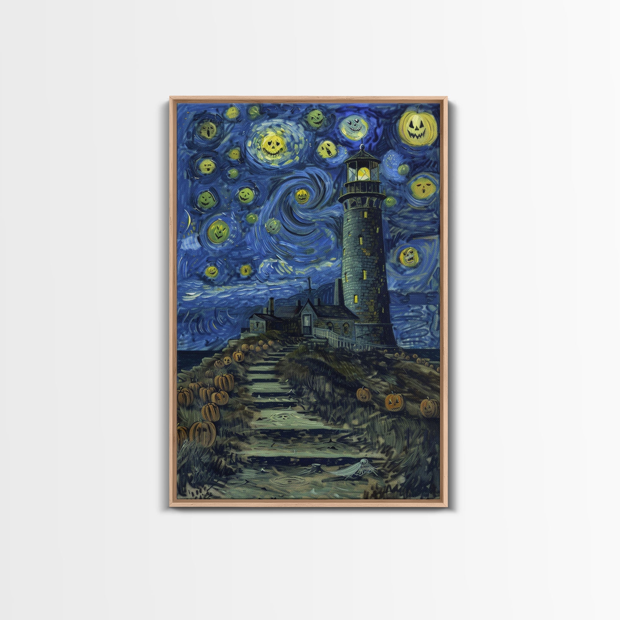Starry Night Inspired Haunted Light House Framed Canvas Print, Van Gog