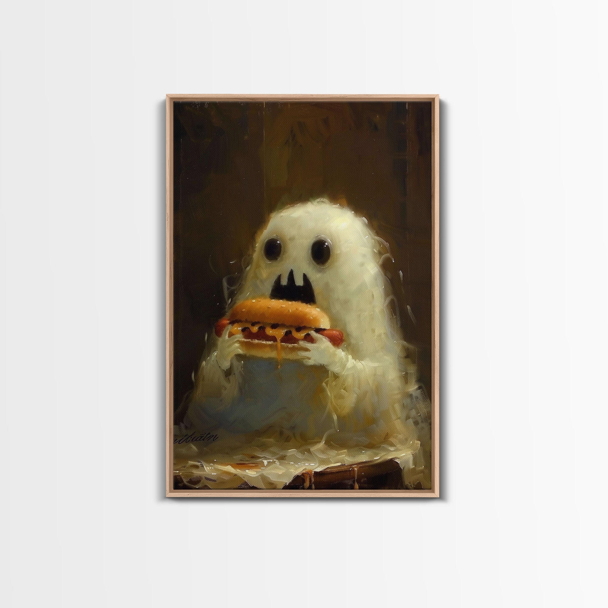 Cute Ghost Chompin on A Hot Dog, Ghostly Hot Dog Thief, Framed Canvas