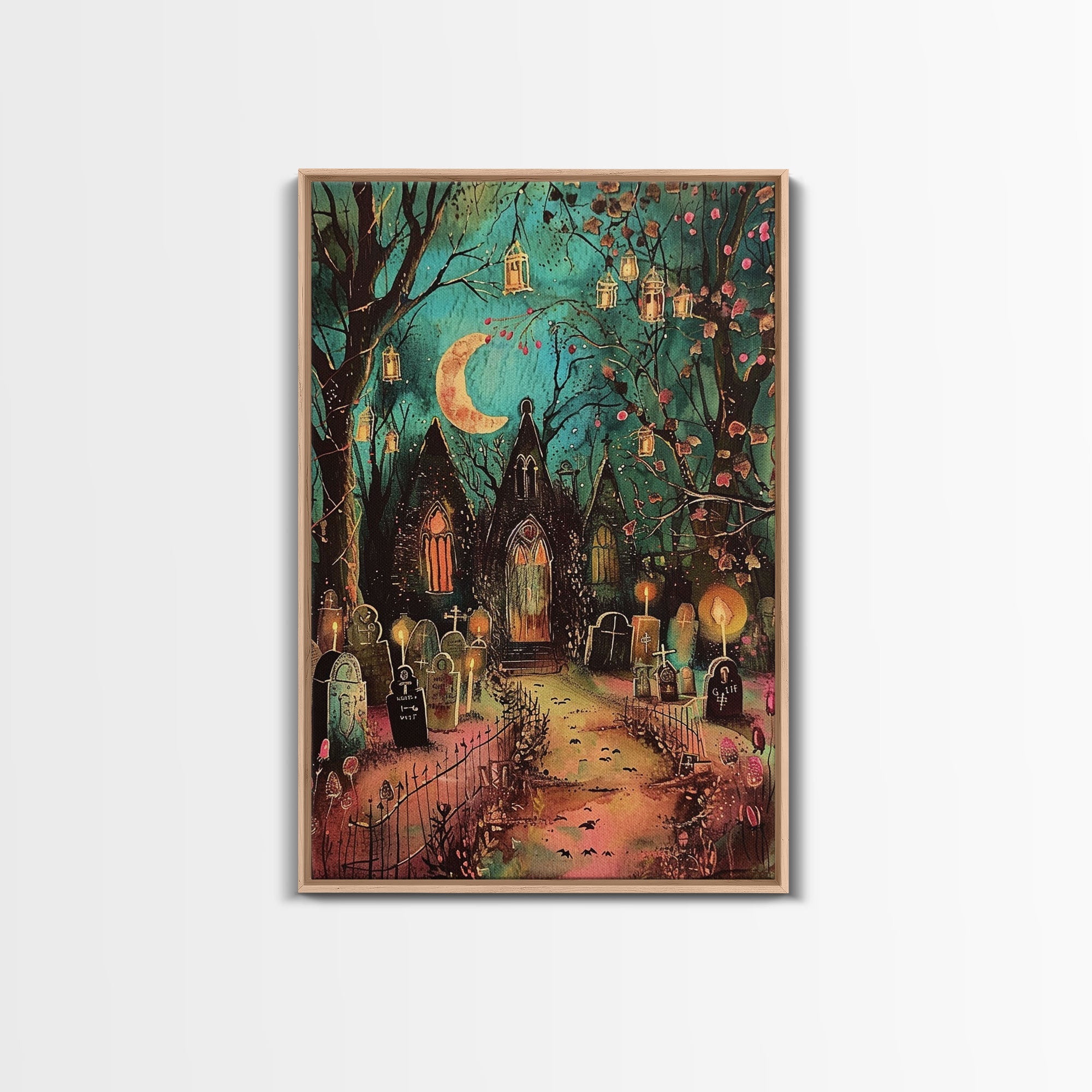 Gothic Churchyard with Moon and Lanterns Framed Canvas Print, Wall Art