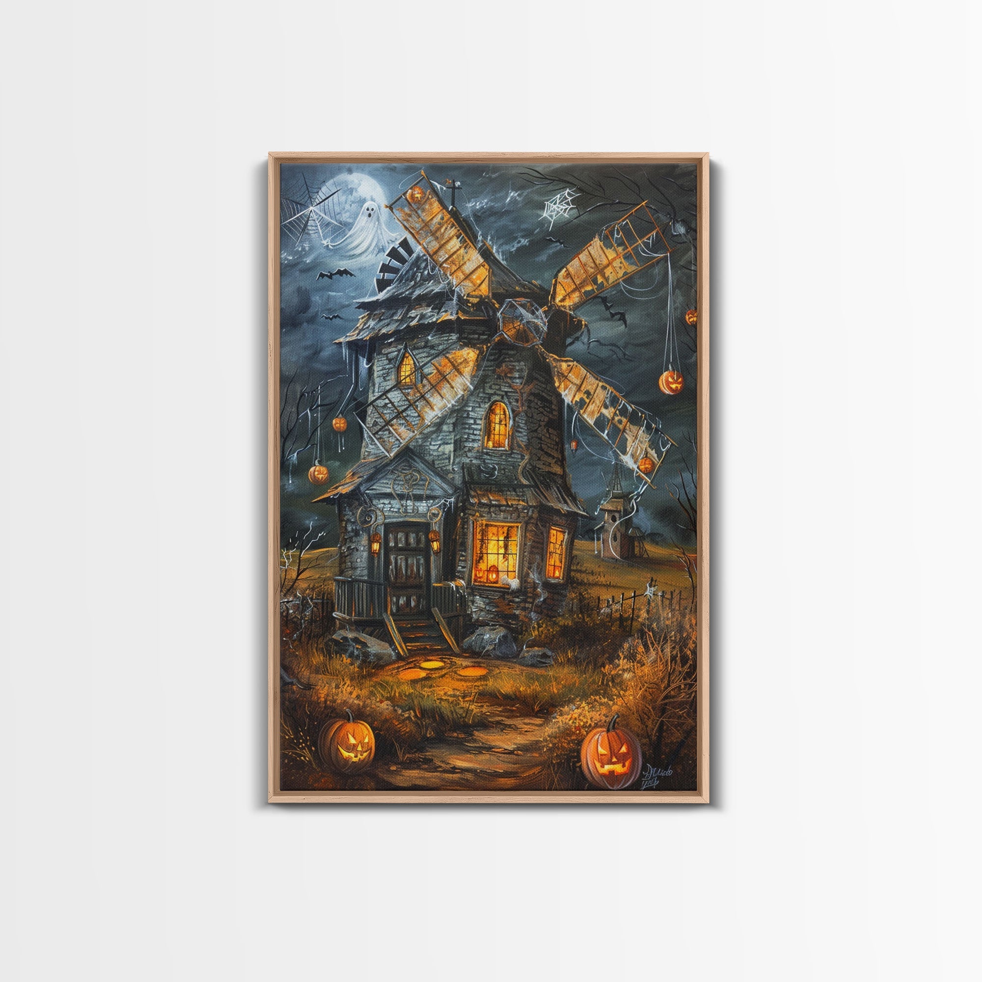 Spooky Windmill with Pumpkins Framed Canvas Print, Wall Art, Halloween