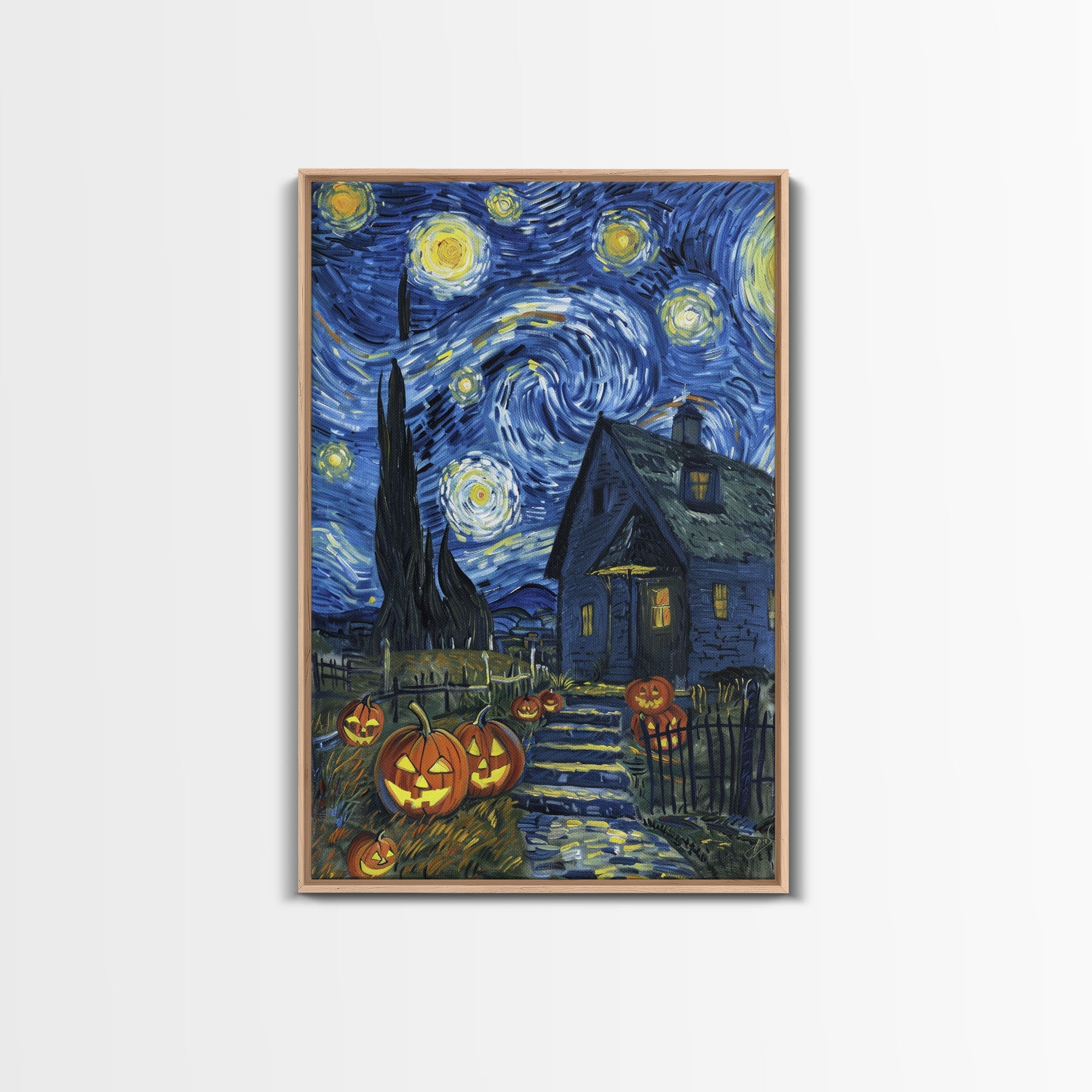 Spooky Starry Night with Jack-O-Lanterns Framed Canvas Print, Hallowee