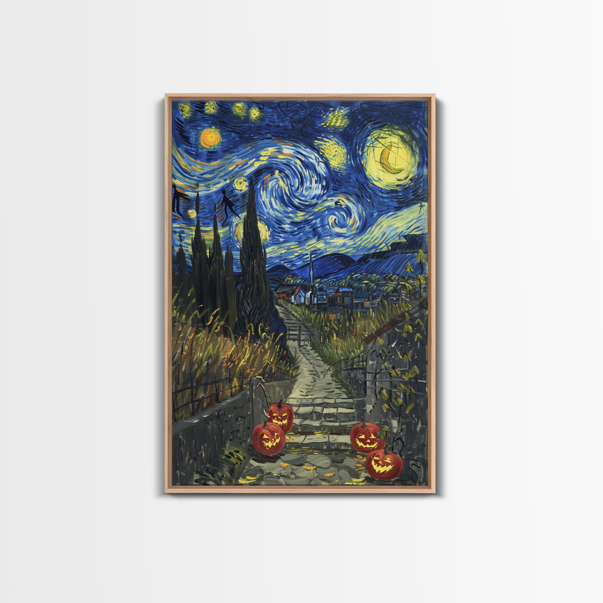 Spooky Starry Night Inspired Haunted Grave Yard Framed Canvas Print, S