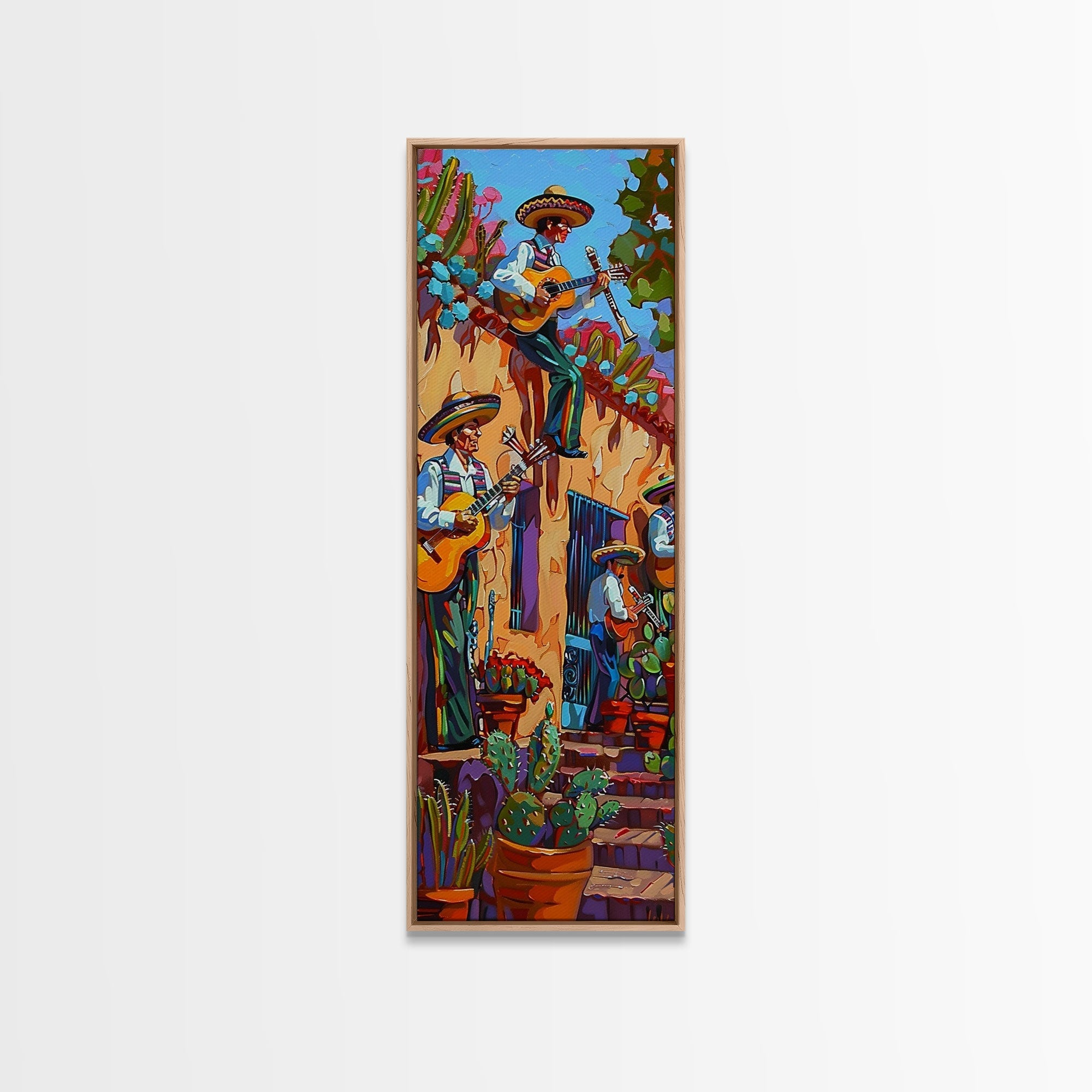 Tall and Narrow Mexican Style Mariachi Band Printed on Framed Canvas,