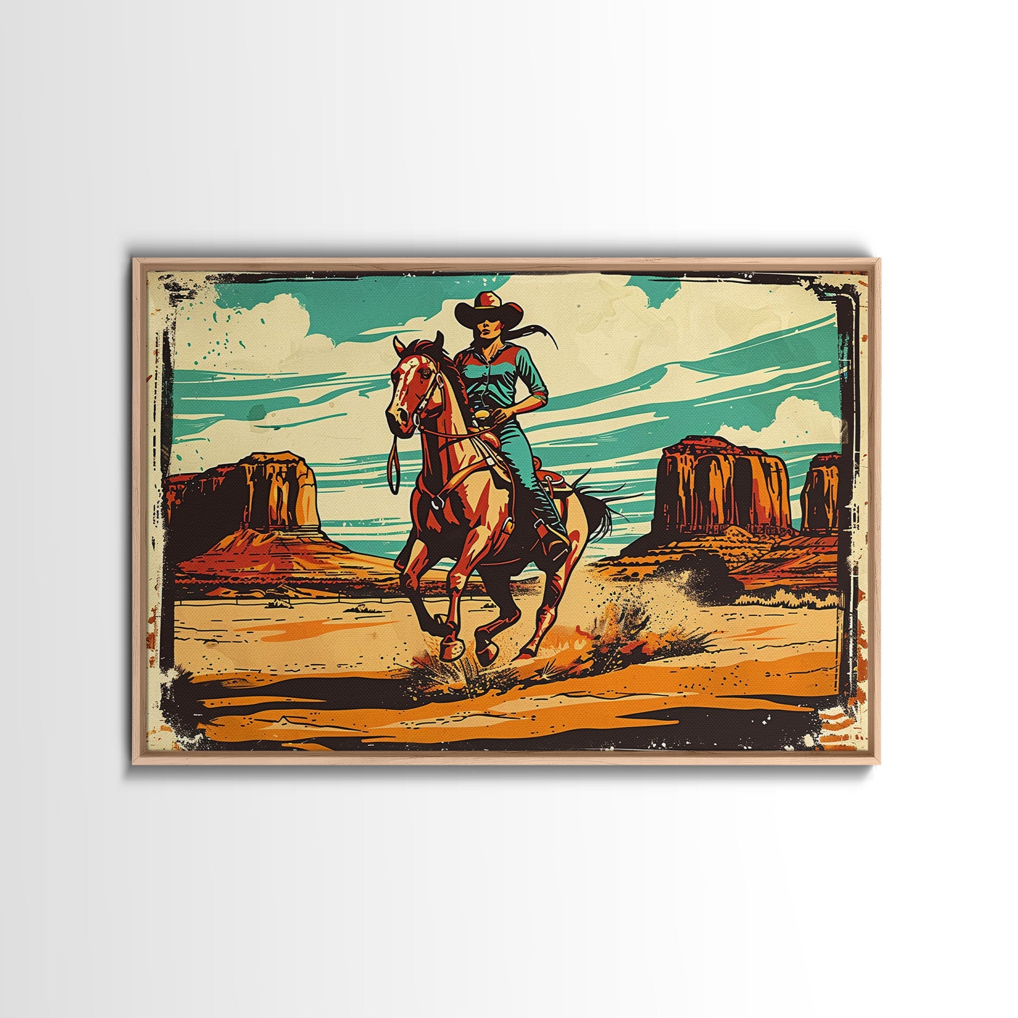Western Decor Cowgirl Print, Wood Framed Canvas Print, Western Pop Art