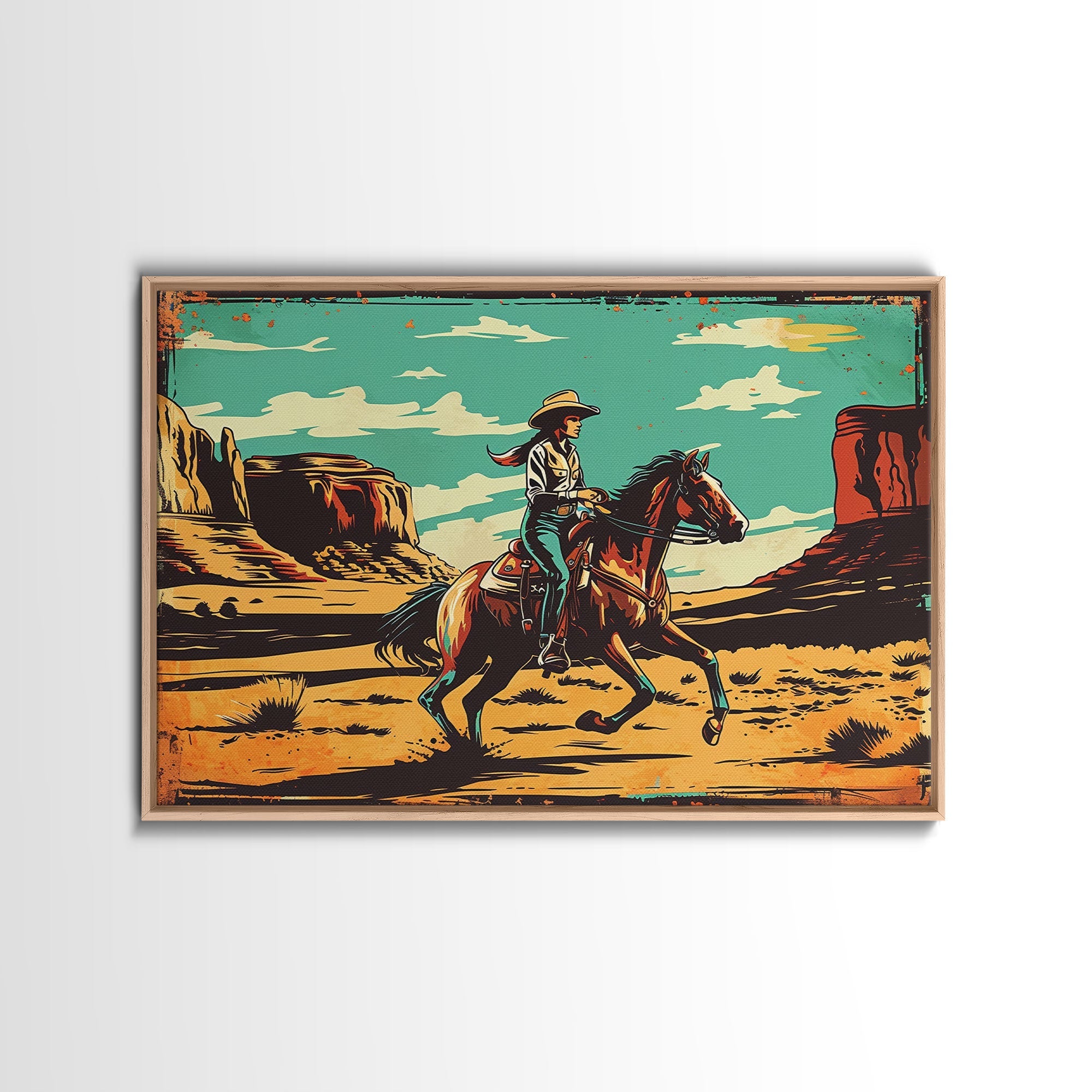Western Decor Cowgirl Print, Wood Framed Canvas Print, Western Pop Art