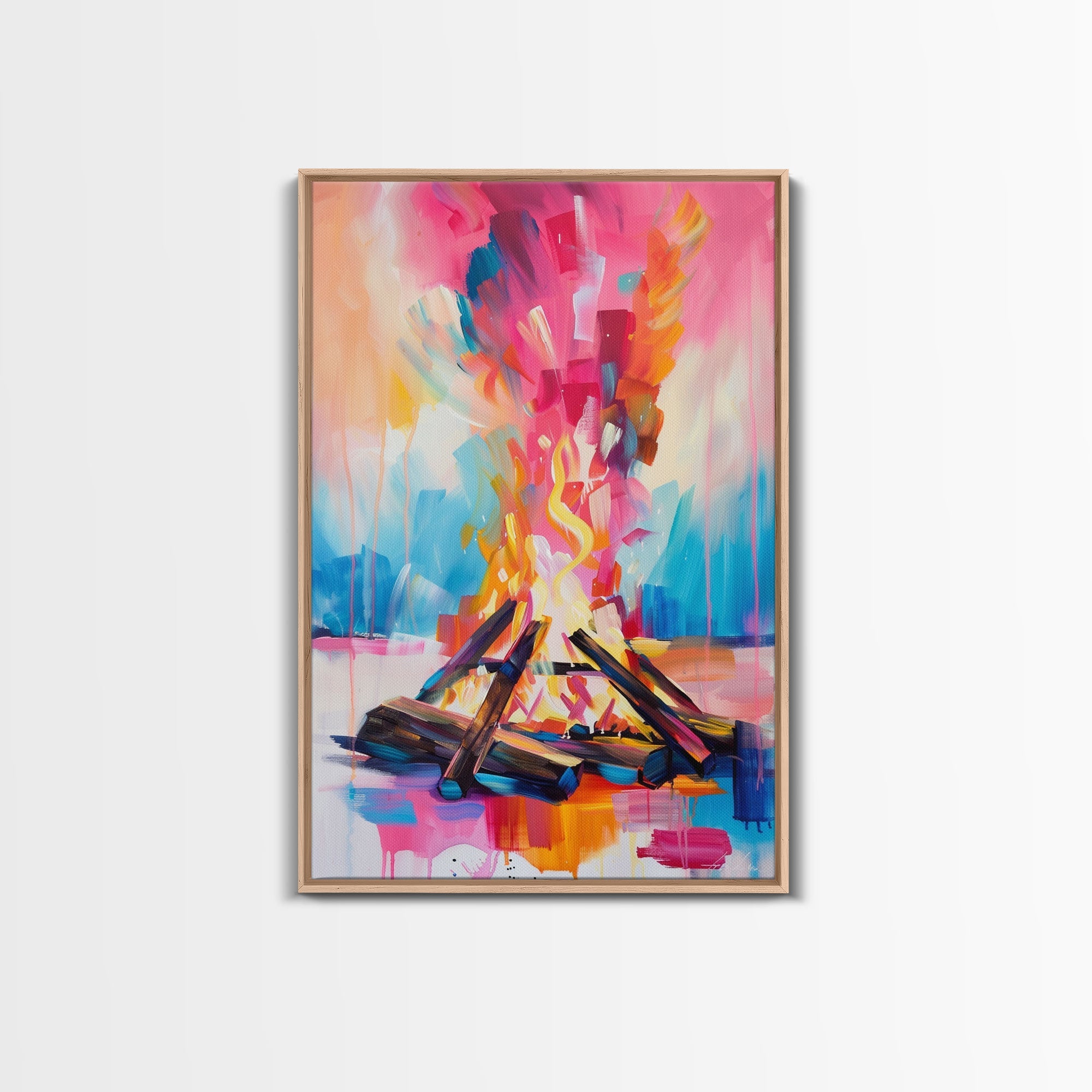 Abstract Campfire Framed Canvas Print - Colorful Fire Wall Art, Living