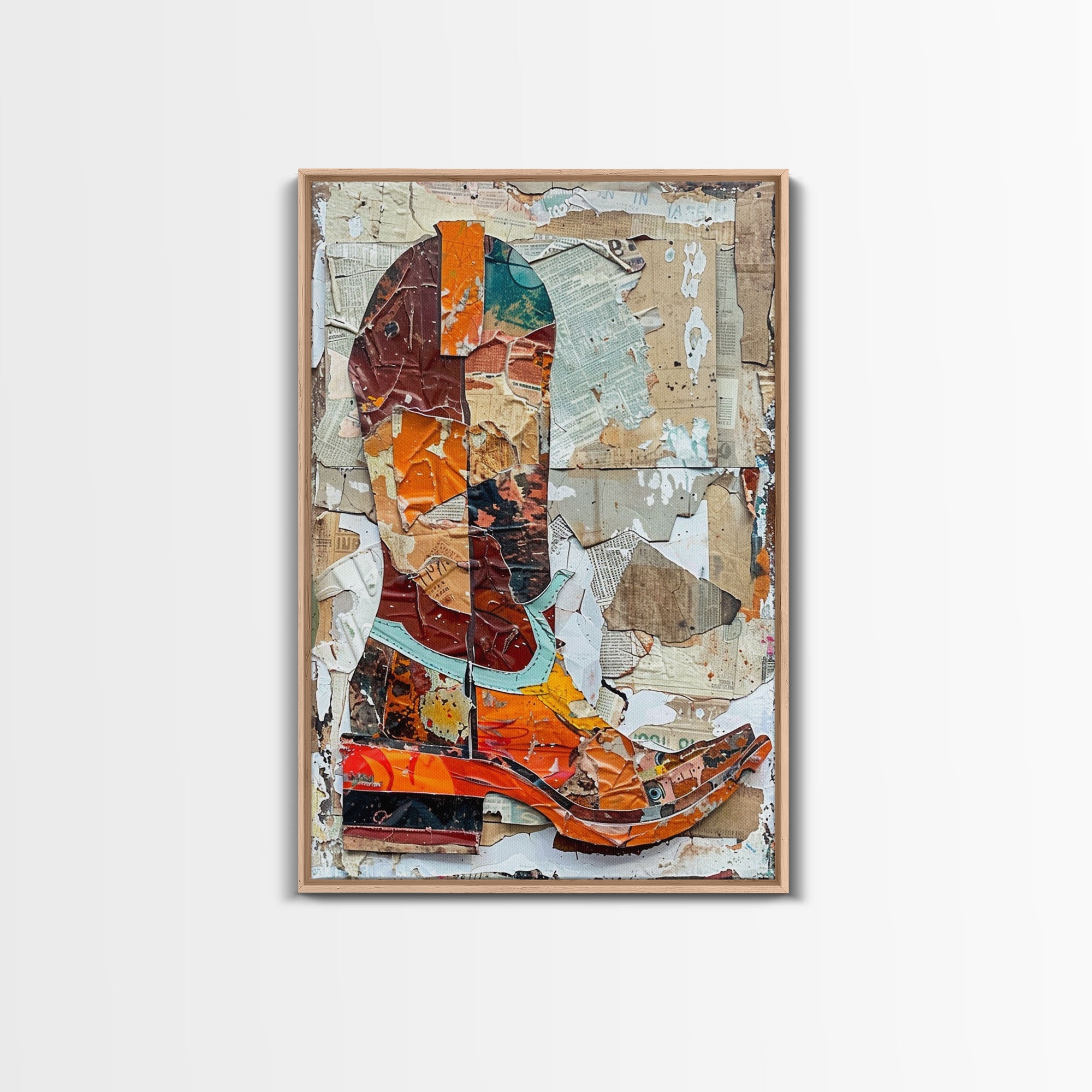 Colorful Western Boot Collage Artwork on Textured Background - Framed
