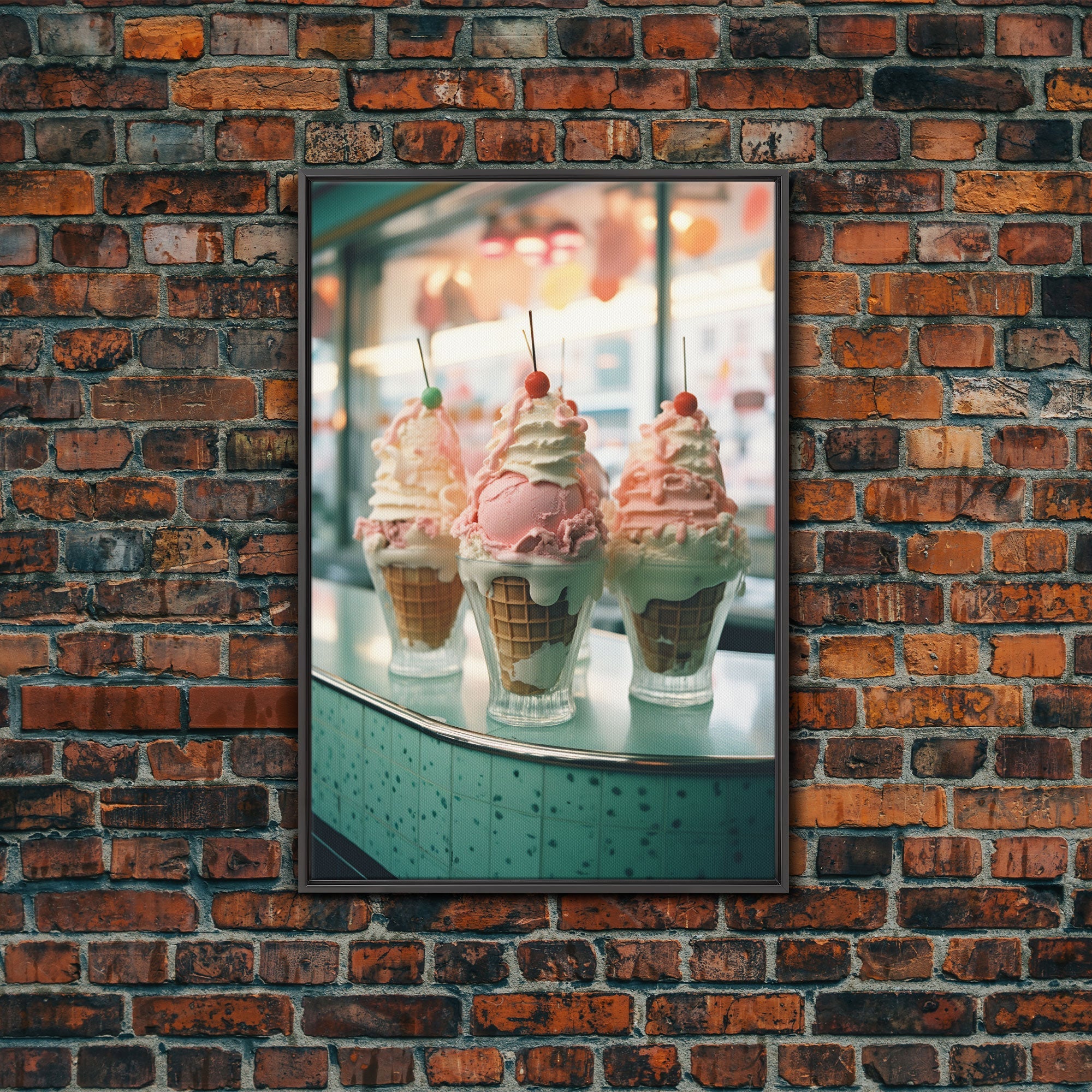 A Strawberry Sunday Kitchen Decor, Ice Cream Art, Framed Canvas Print,