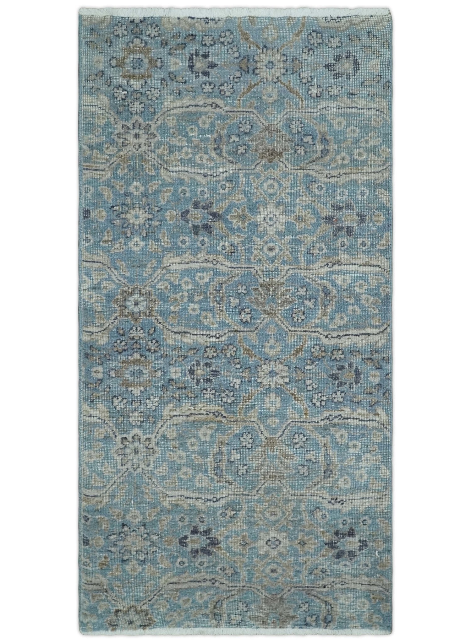 2x4 Aqua Blue and Ivory Wool Hand Knotted Traditional Vintage Antique