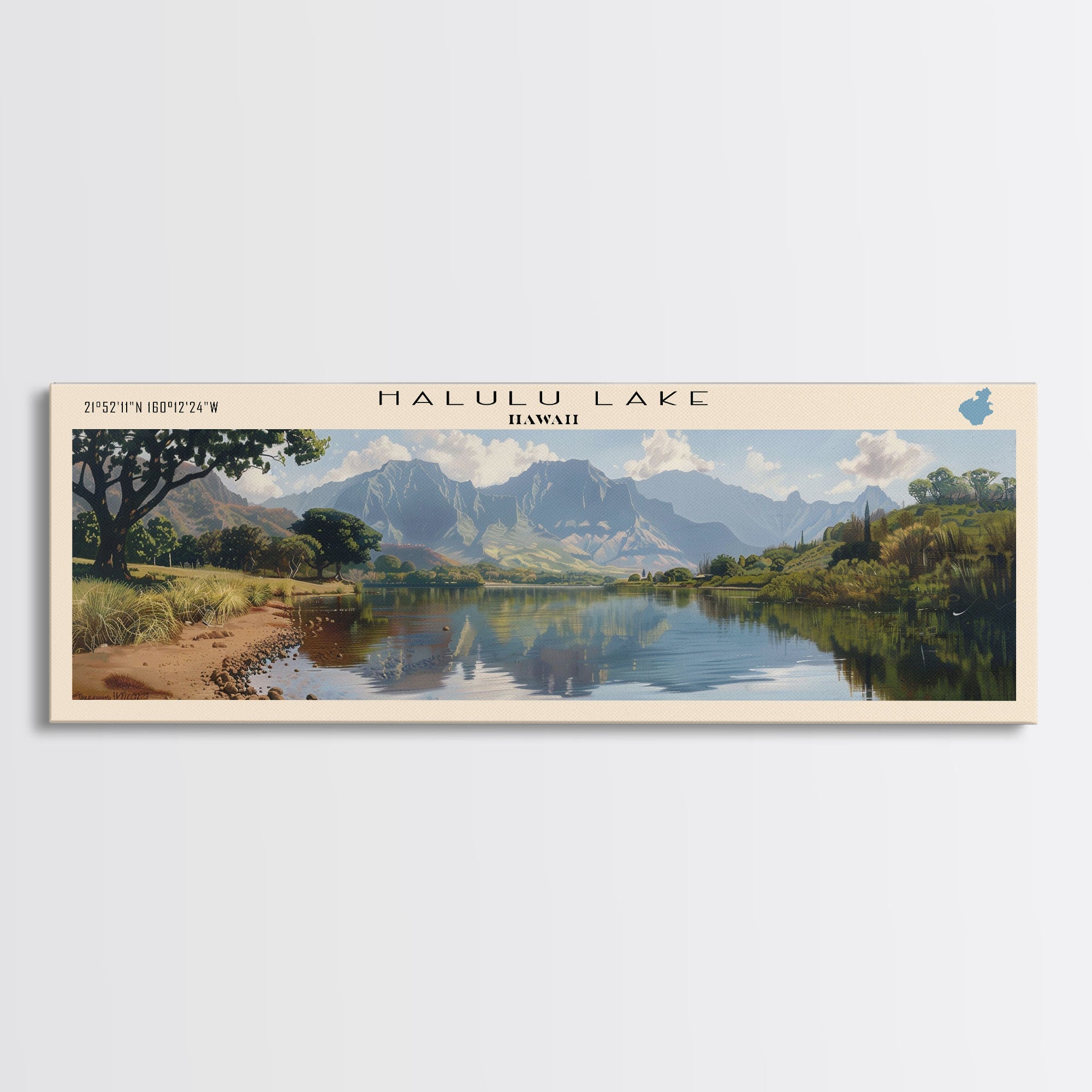 Halulu Lake Hawaii Framed Canvas Print, Lake House Art, Panoramic Wall