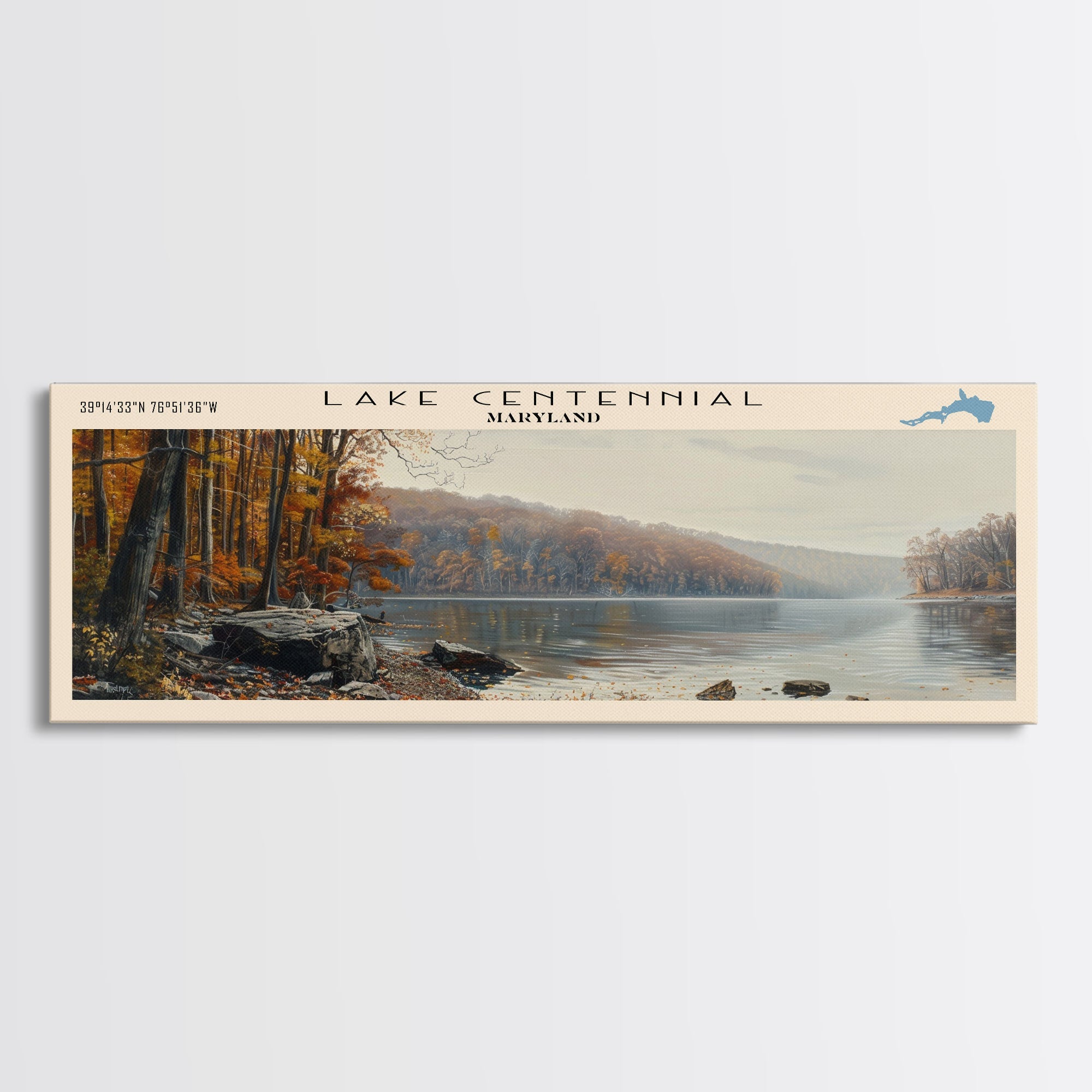 Lake Centennial Maryland Framed Canvas Print, Panoramic Lake House Dec